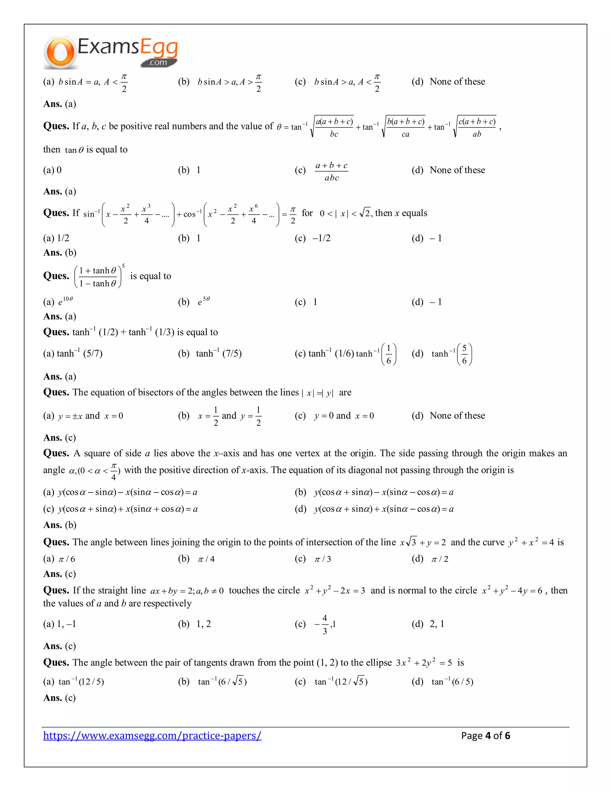 BITSAT 2018 Question Bank - Maths | PDF | Physics | Science