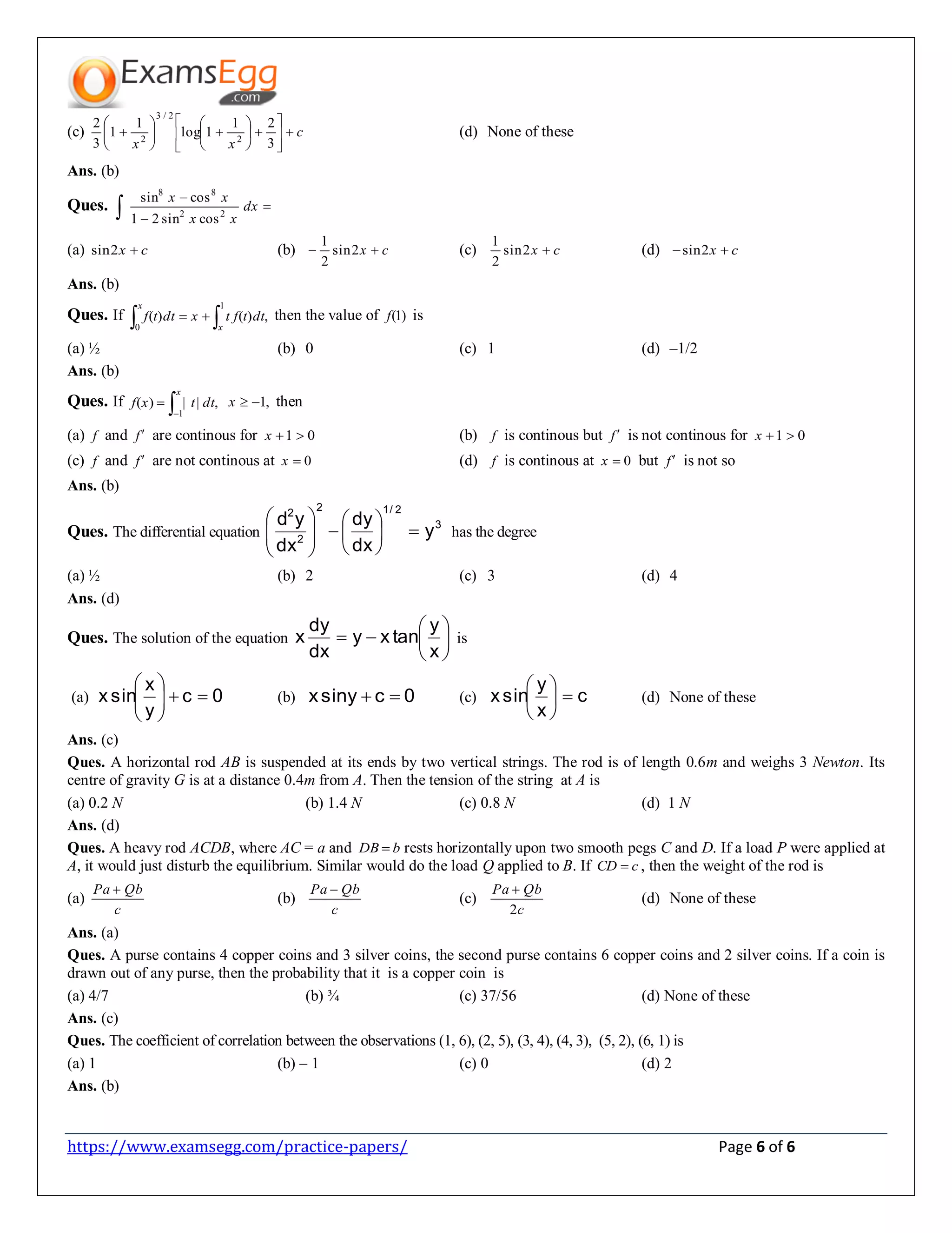 BITSAT 2018 Question Bank - Maths | PDF | Physics | Science