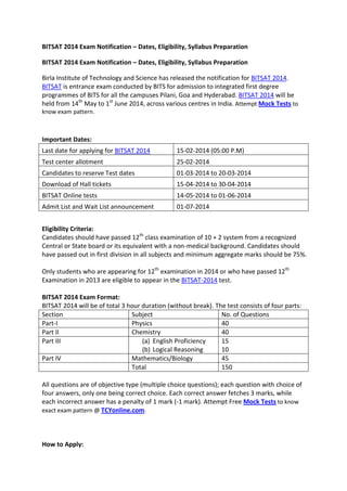 BITSAT 2014 Exam Notification – Dates, Eligibility, Syllabus ...