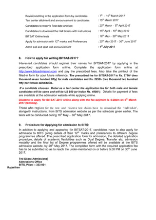 BITS Admission Application, Admit Card, Result details | PDF