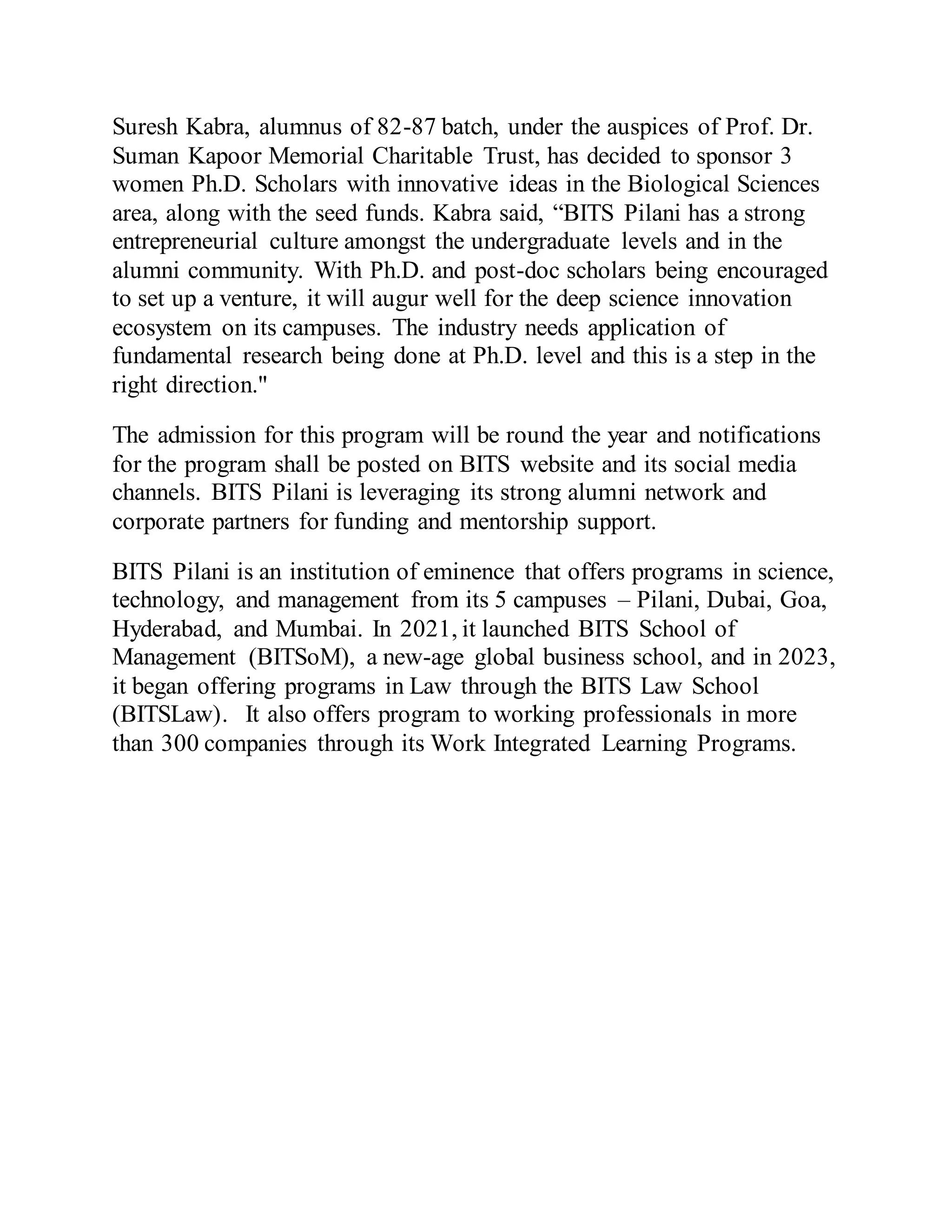 BITS Pilani launches PhD Program to create Deep Tech Ventures | PDF