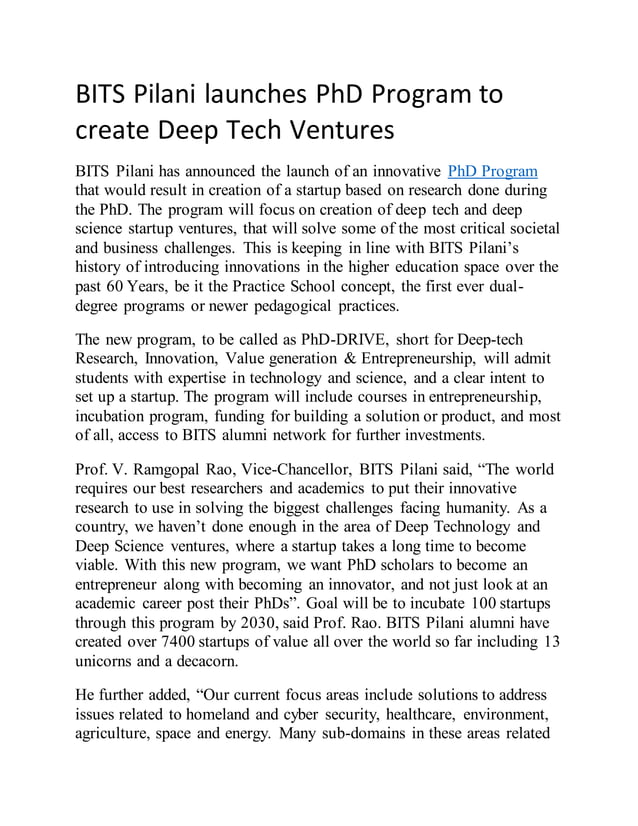 BITS Pilani launches PhD Program to create Deep Tech Ventures | PDF