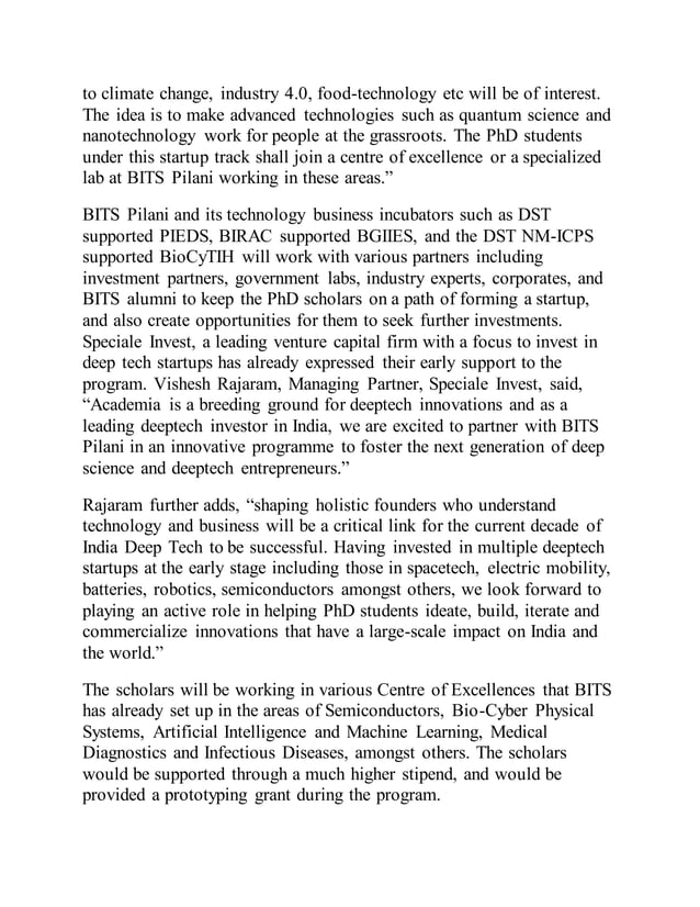 BITS Pilani launches PhD Program to create Deep Tech Ventures | PDF