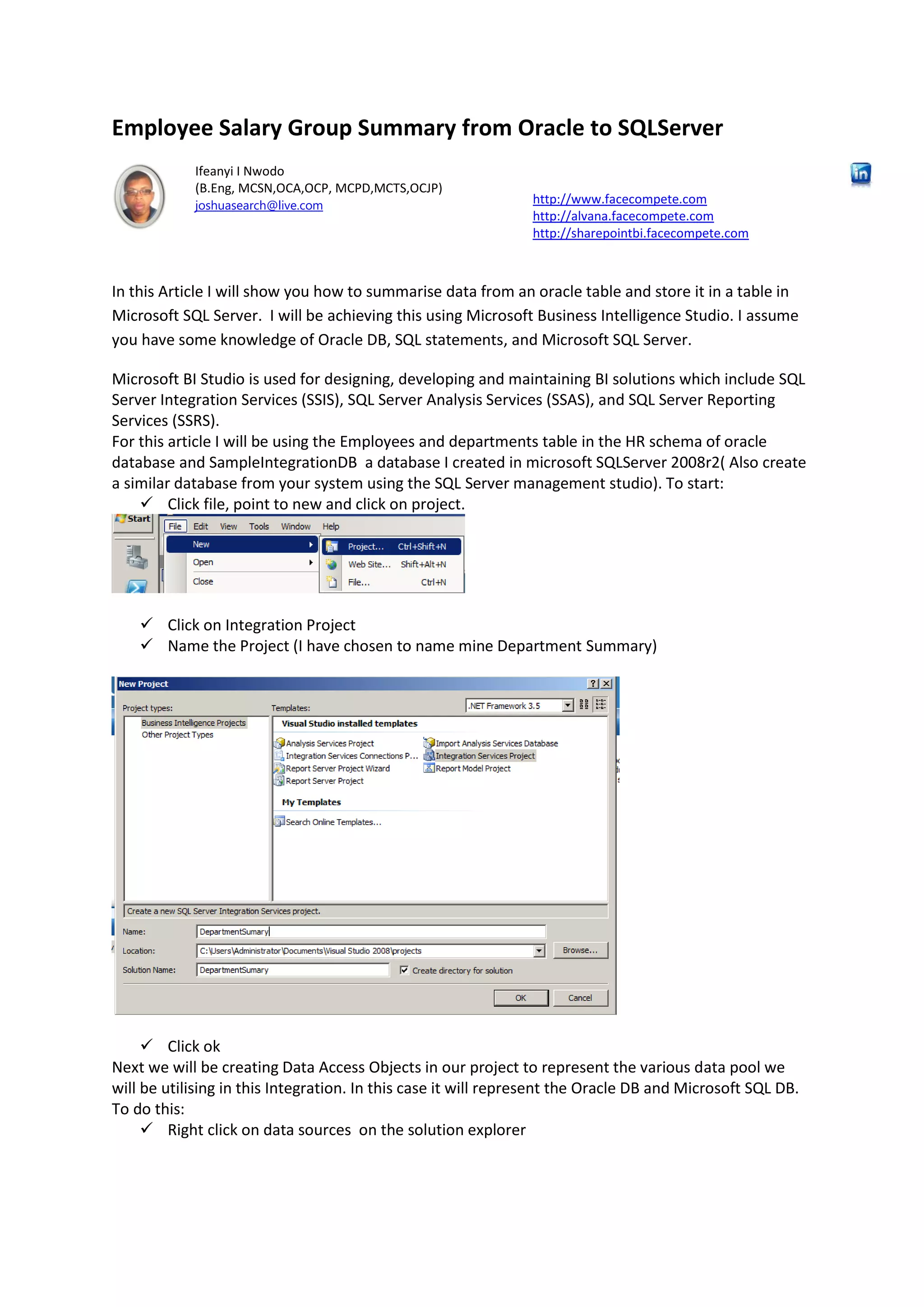 BI Tutorial (Copying Data from Oracle to Microsoft SQLServer) | PDF