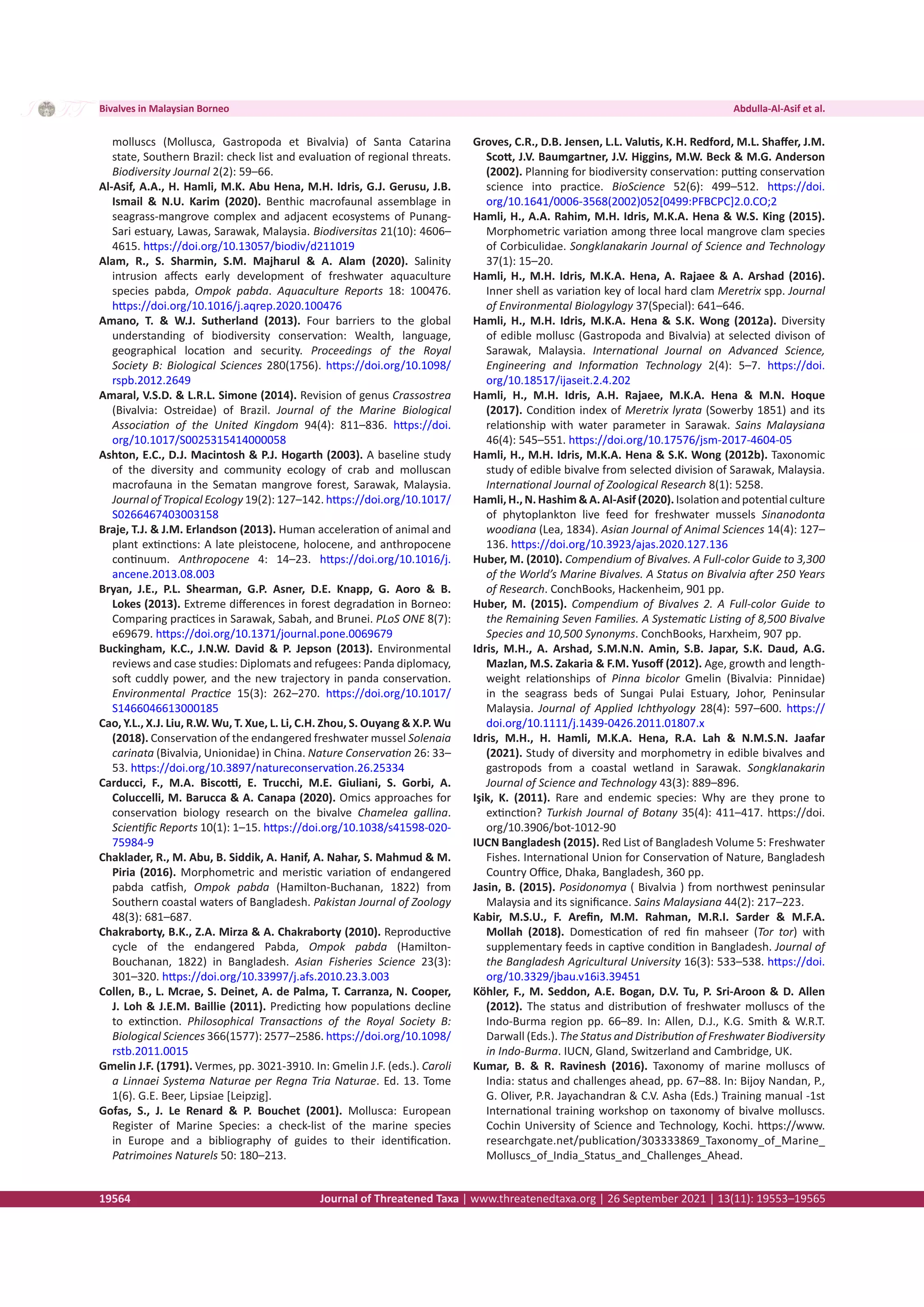 Bivalves (Mollusca: Bivalvia) in Malaysian Borneo: status and threats | PDF