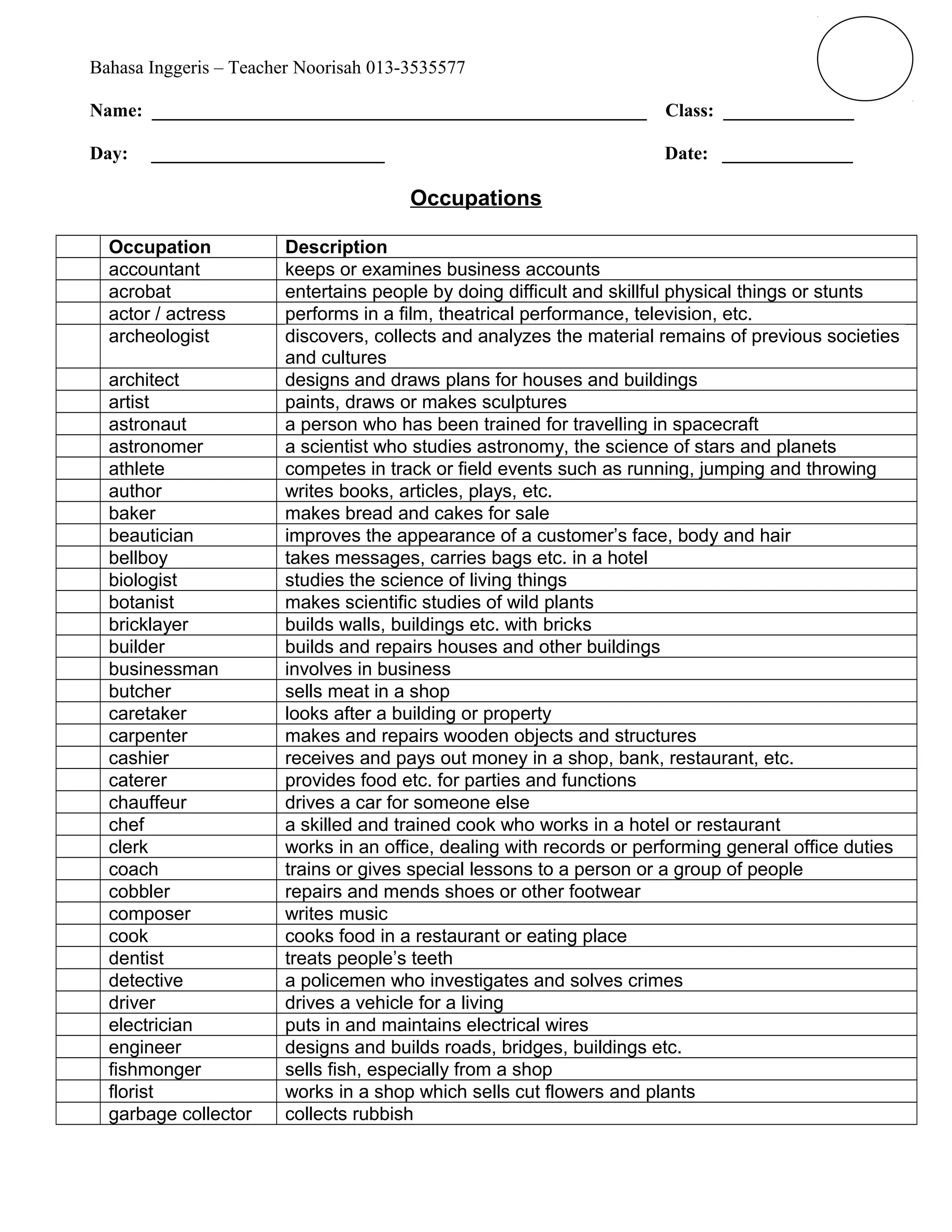 English Vocabulary: Occupation | DOC