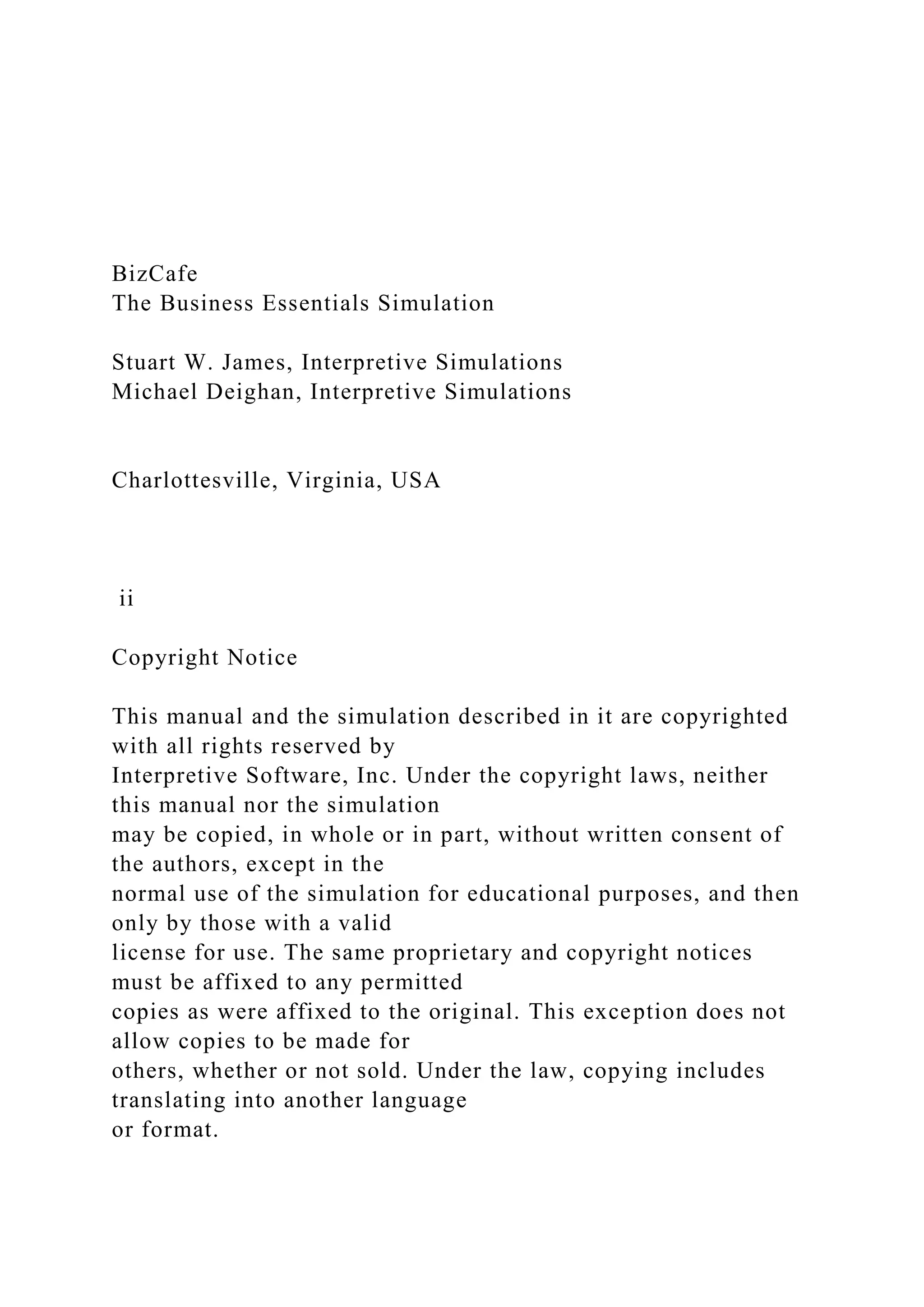 BizCafe The Business Essentials Simulation Stuart W. J.docx