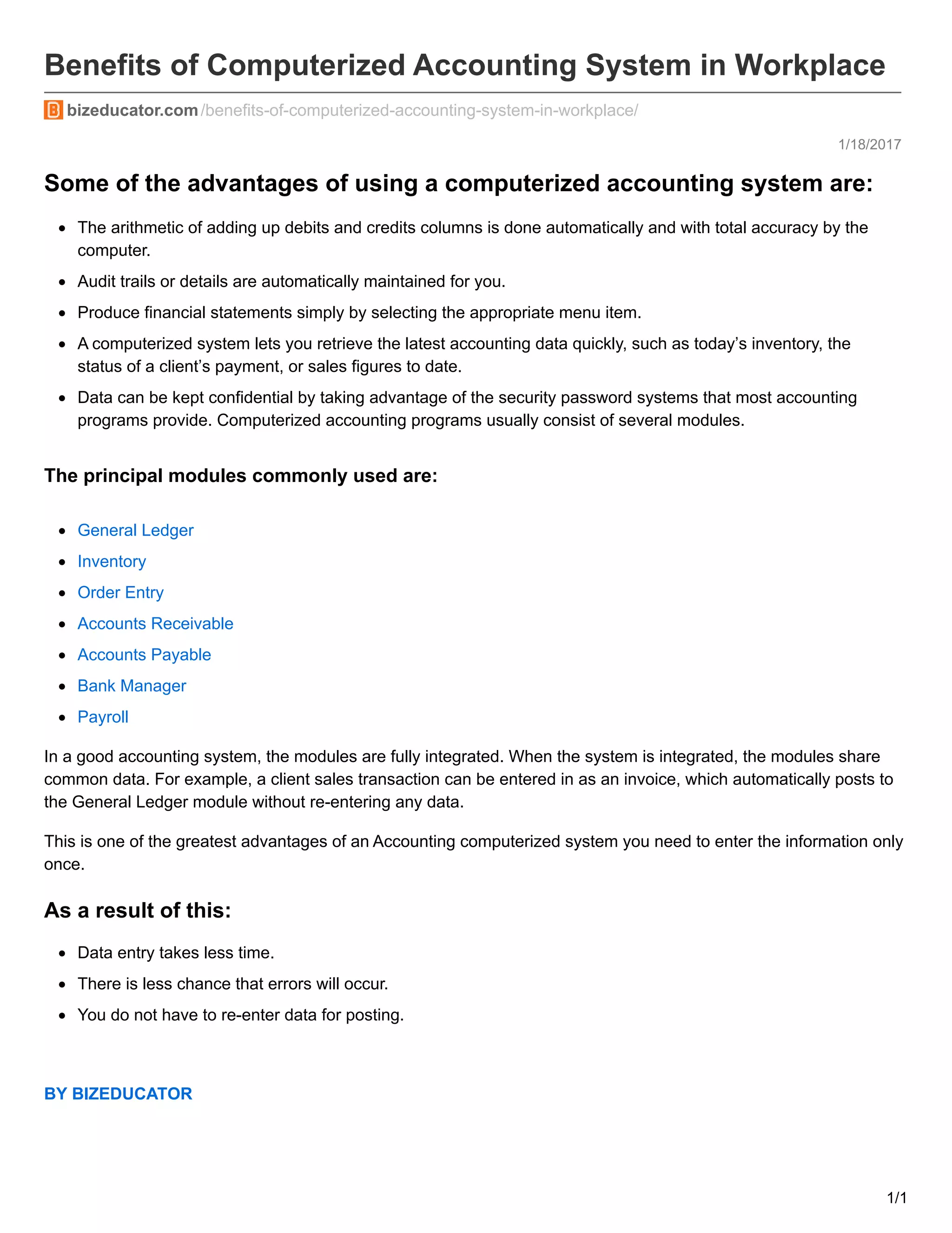Benefits of Computerized Accounting System in Workplace | PDF