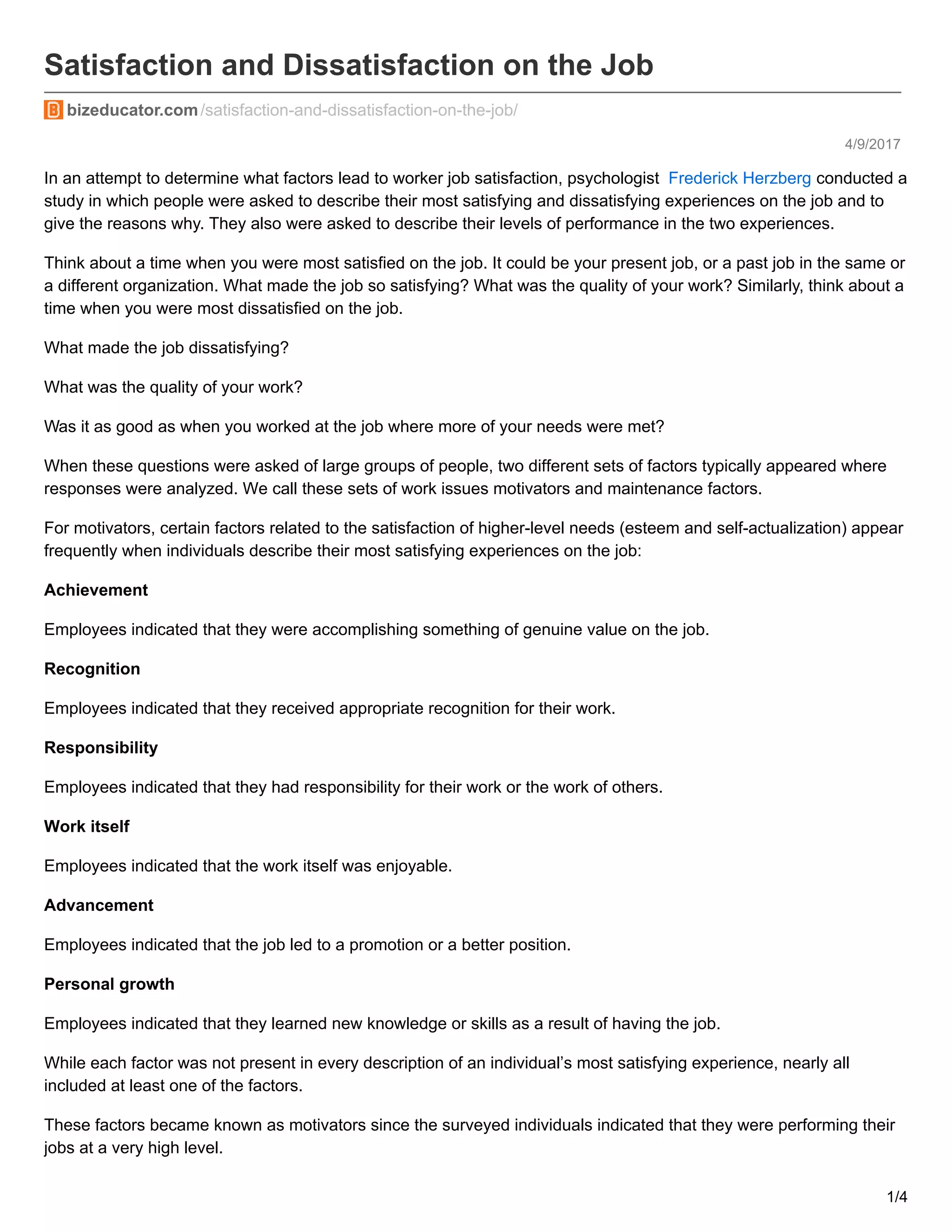 Satisfaction and dissatisfaction on the job | PDF