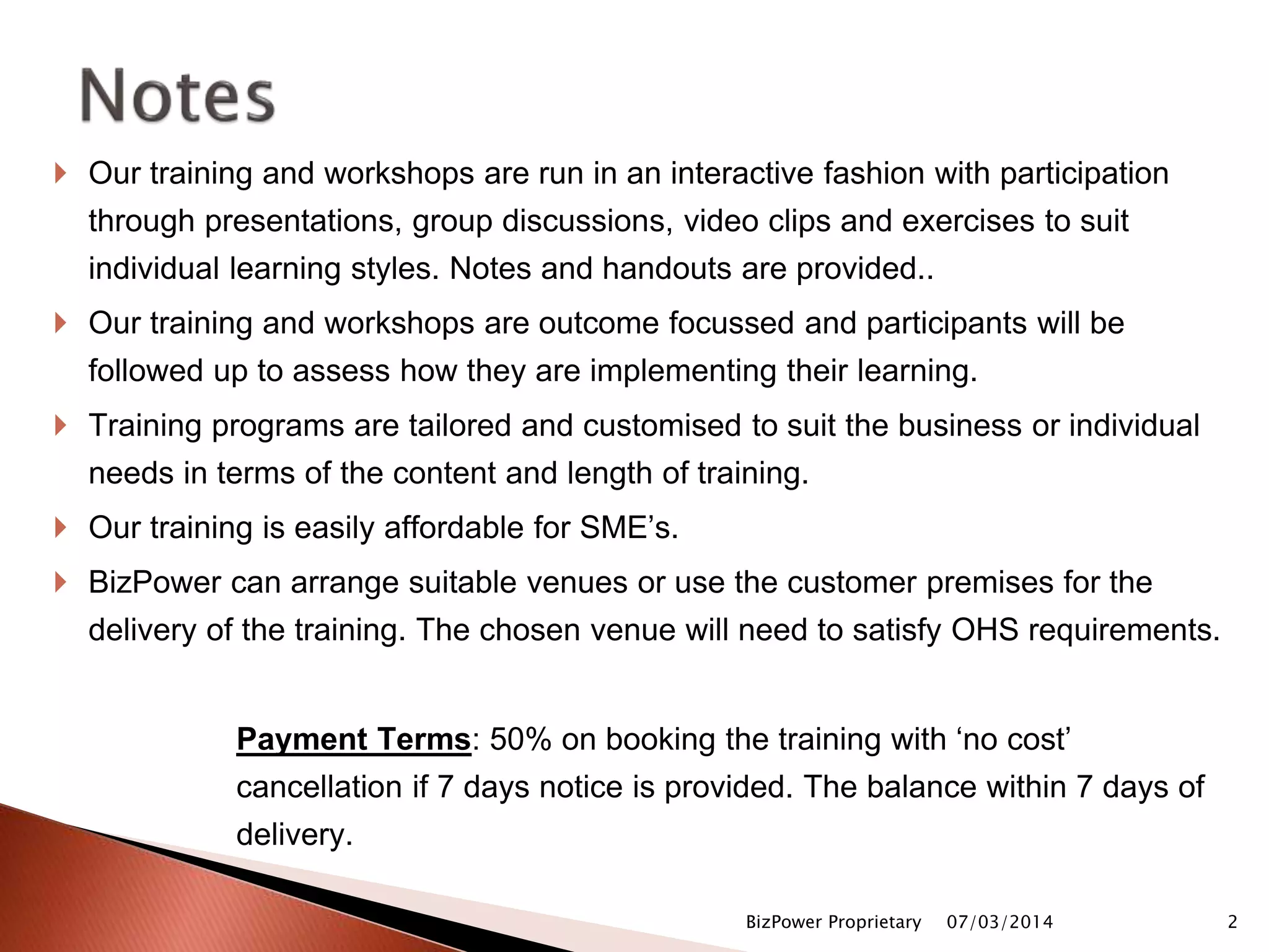 BizPower training programs 2014 for business owners, managers, staff ...