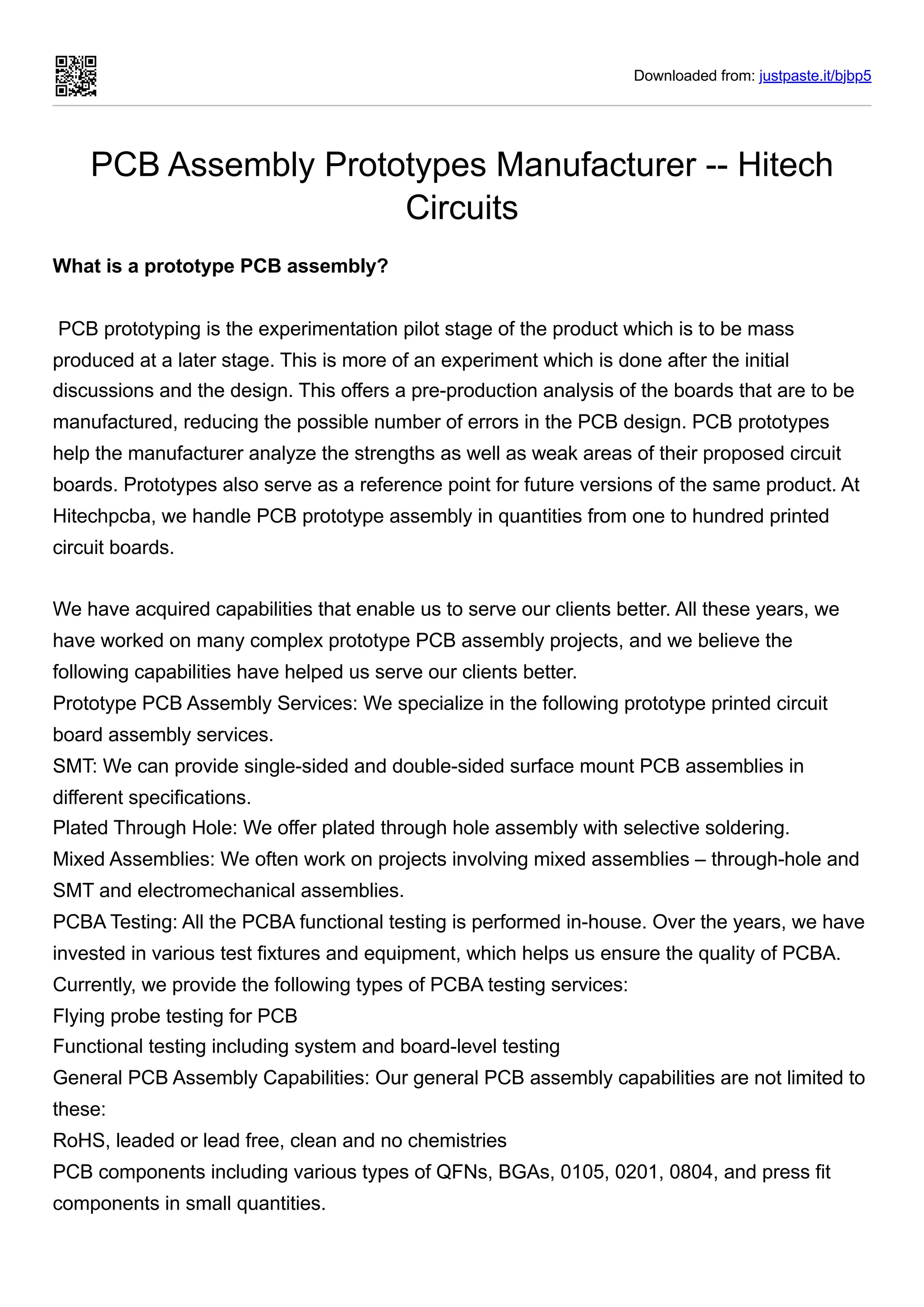 Pcb Assembly Prototypes Manufacturer Hitech Circuits Pdf