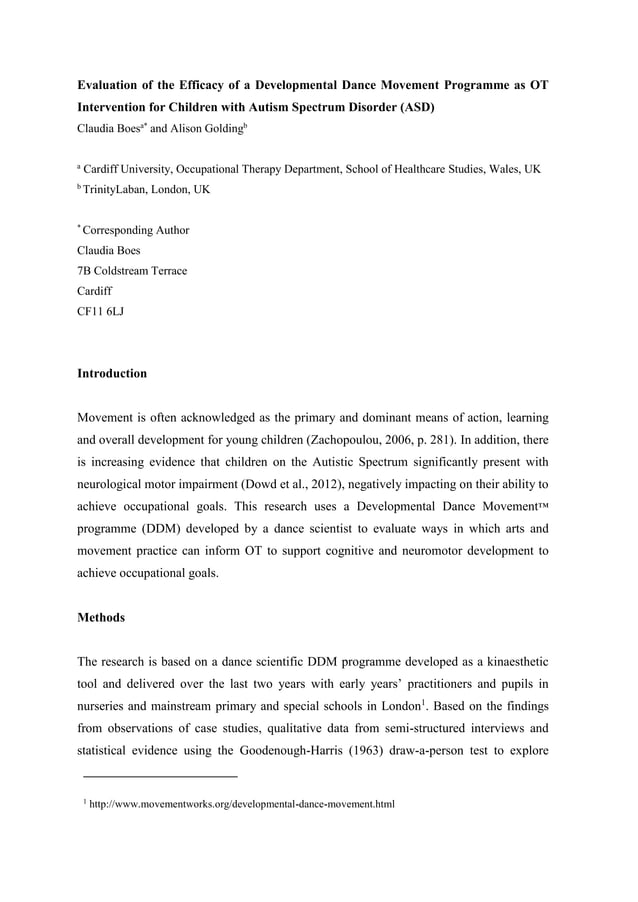 Evaluation of the Efficacy of a Developmental Dance Movement Programme as OT Intervention for ...