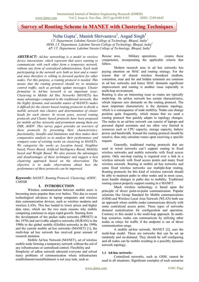 Survey of Routing Scheme in MANET with Clustering Techniques | PDF