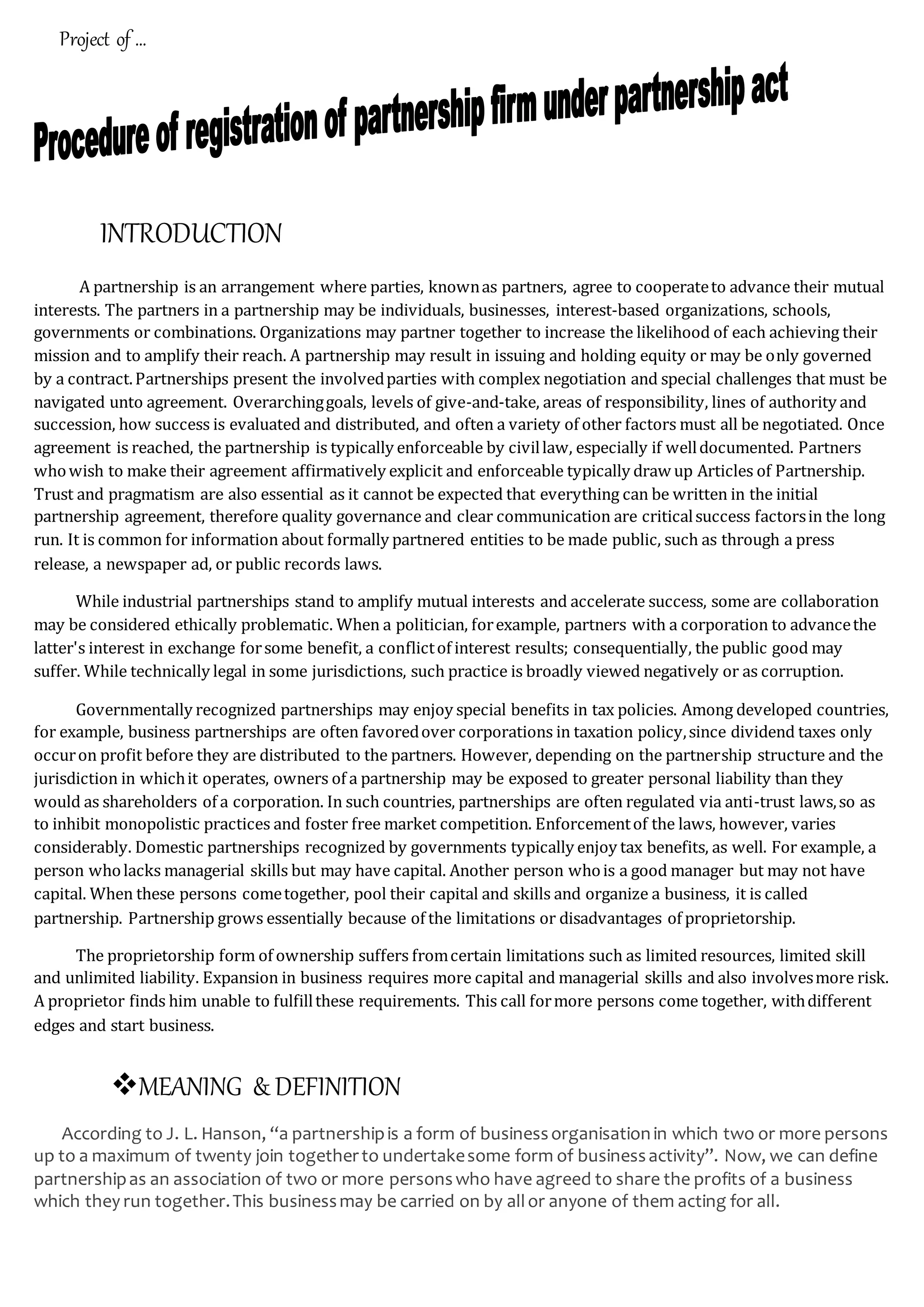 procedure of registration of partnership firm under partneship act | DOCX