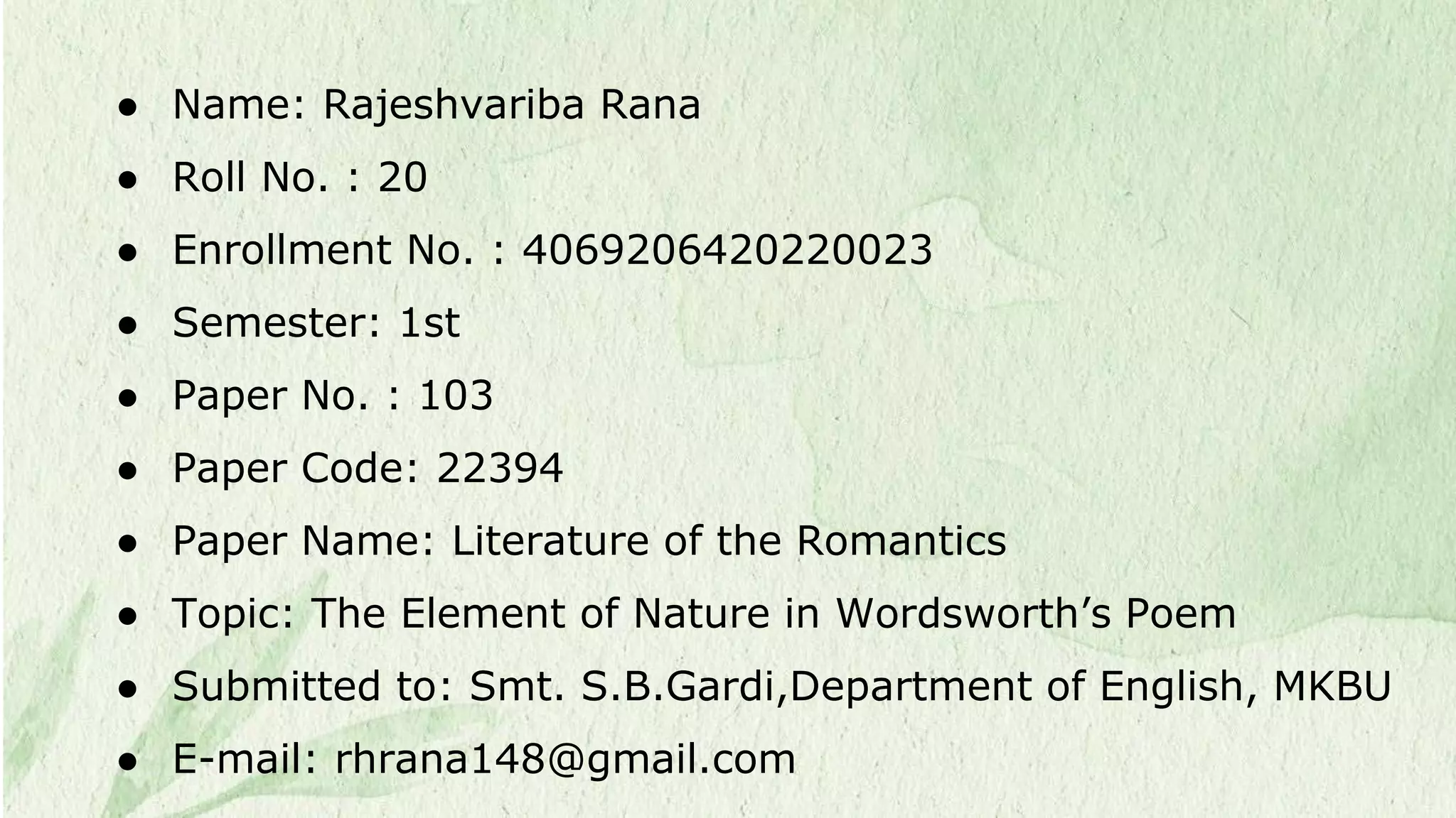 The Element of Nature in Worthworth's Poem | PPTX