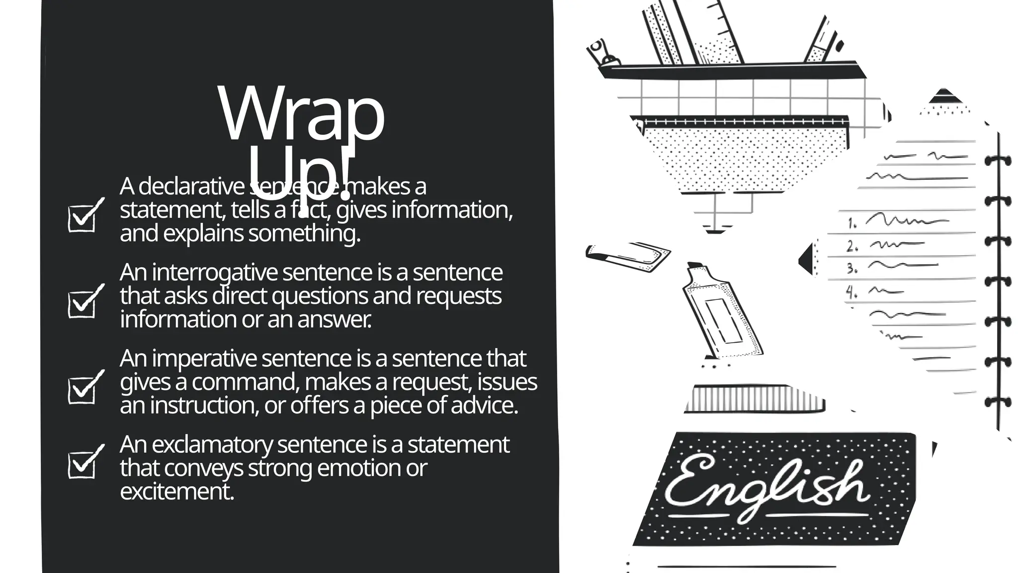 Black and White Types of Sentences Presentation.pptx