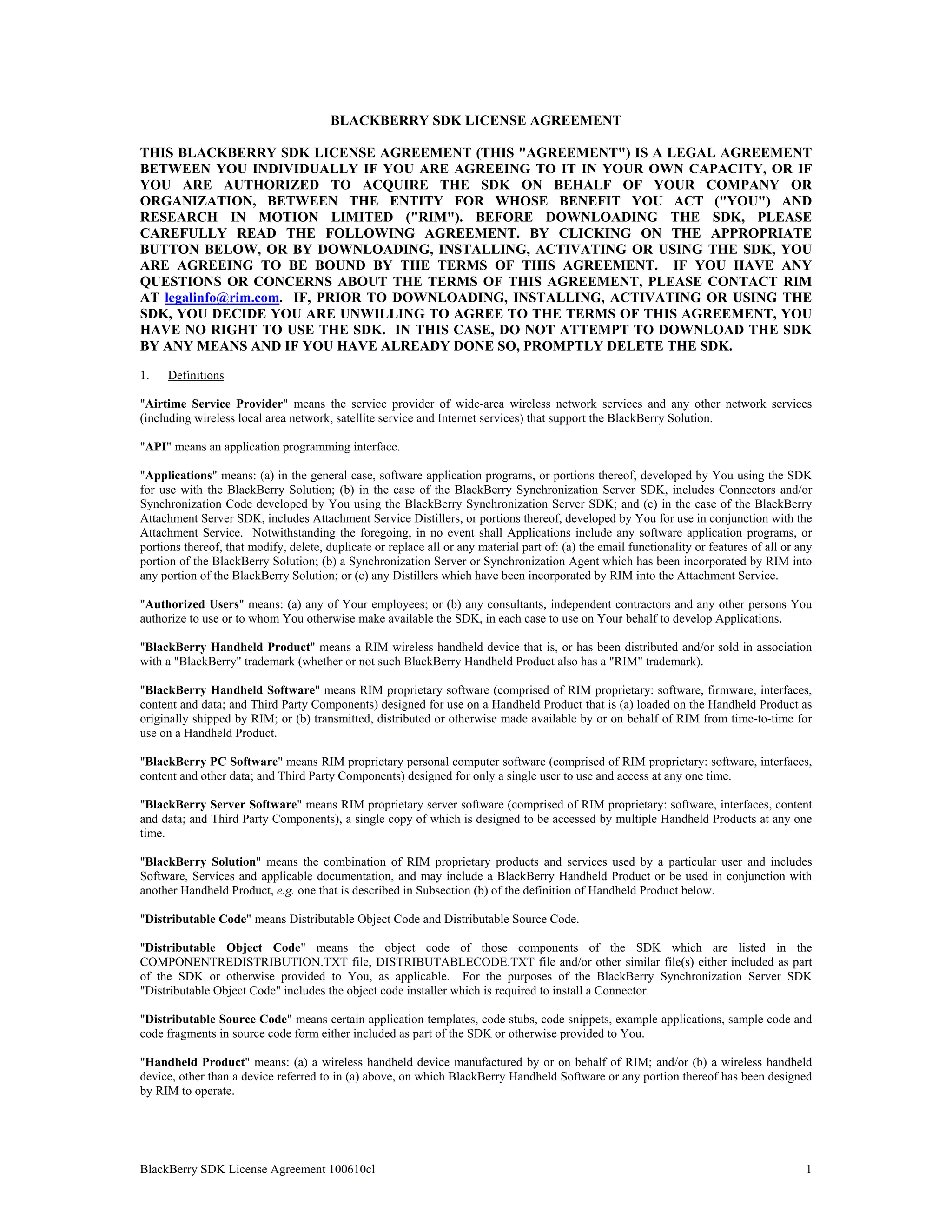 Blackberry SDK License Agreement | PDF