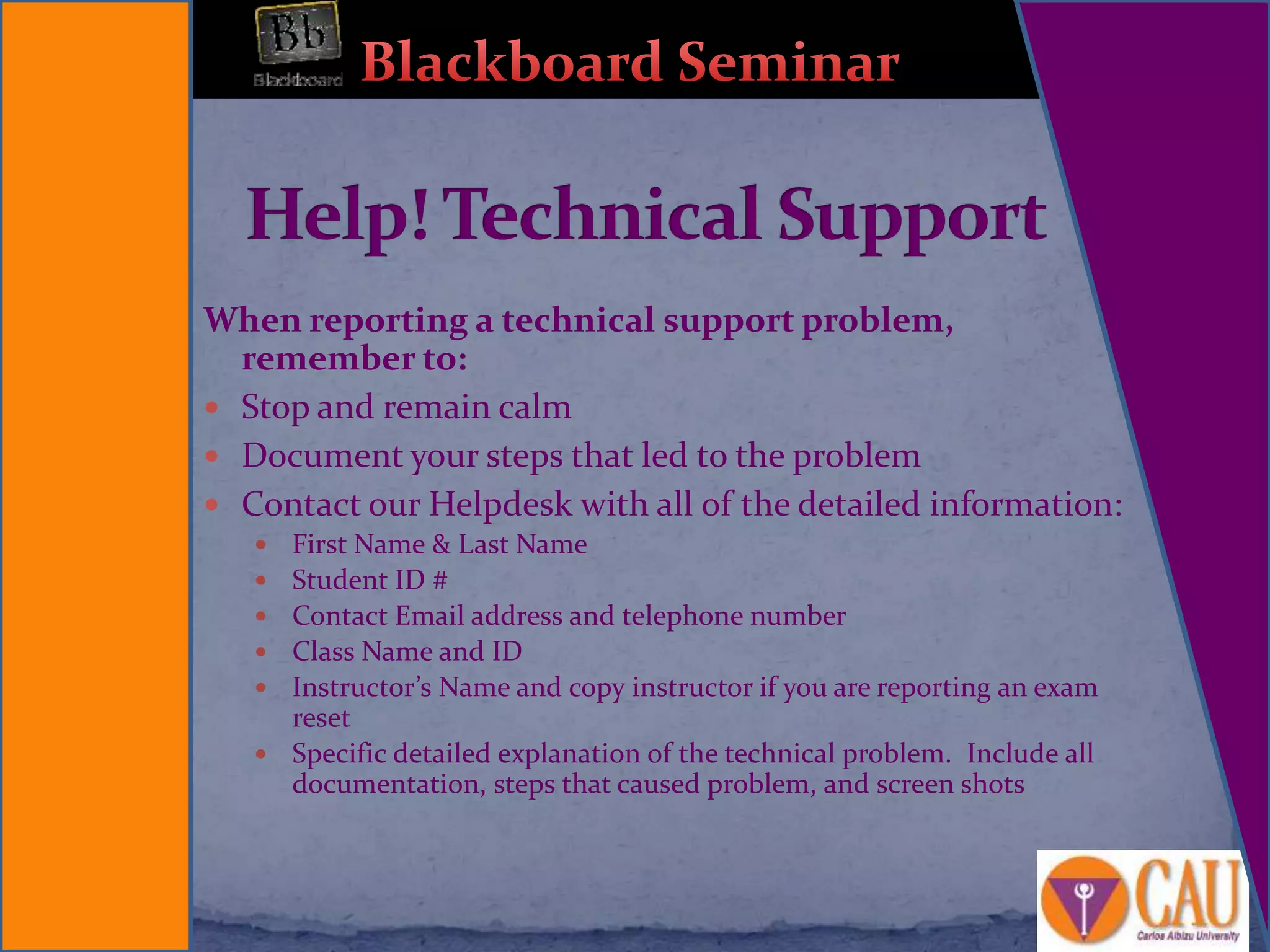 CAU Blackboard Orientation.August 2010 | PPTX