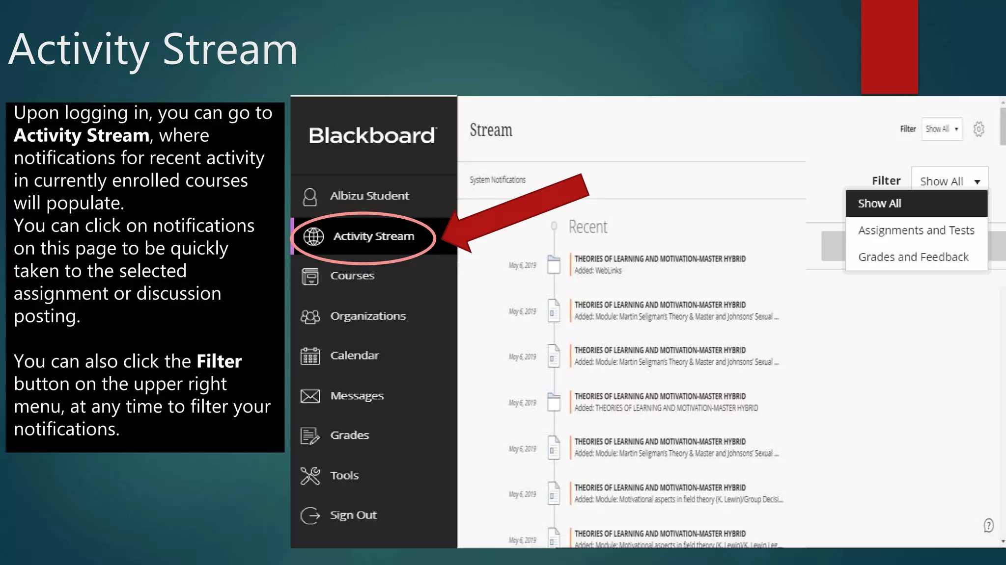 Albizu University Blackboard Ultra navigation guide for new landing page | PPTX