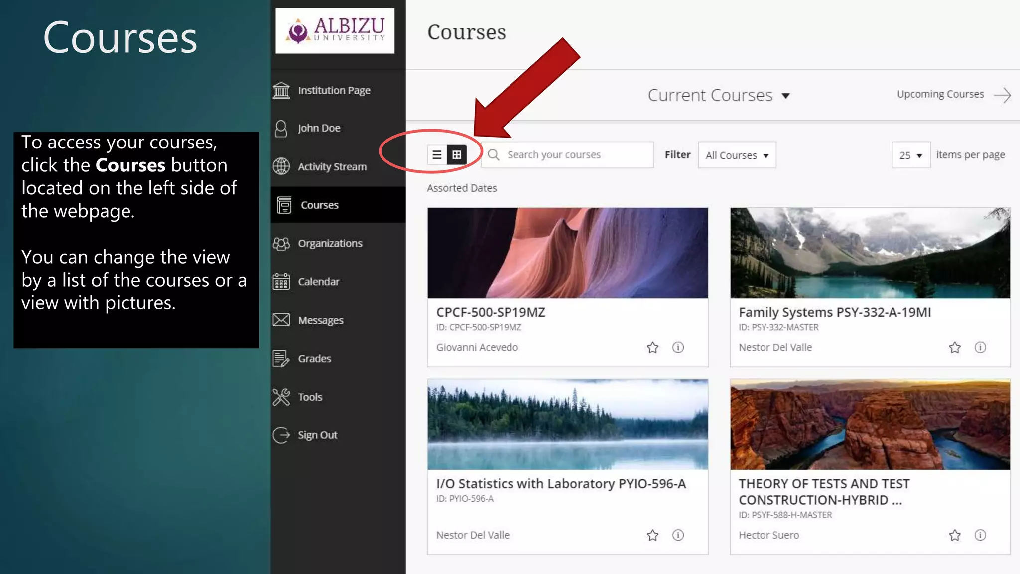 Albizu University Blackboard Ultra navigation guide for new landing page | PPTX