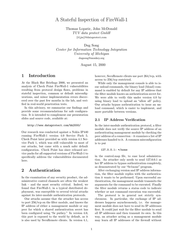 A Stateful Inspection of Firewall-1 (2000) | PDF