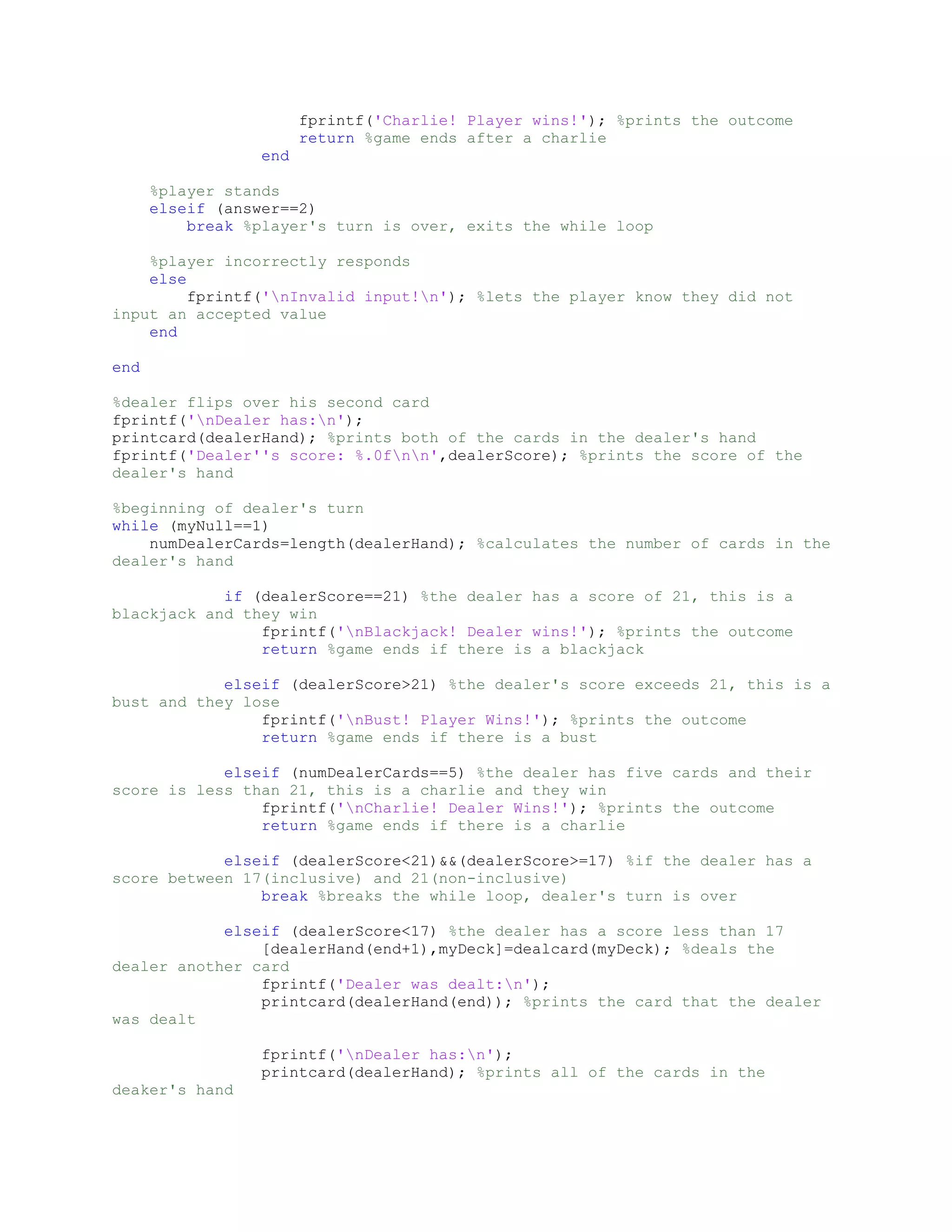 Blackjack Coded in MATLAB | PDF