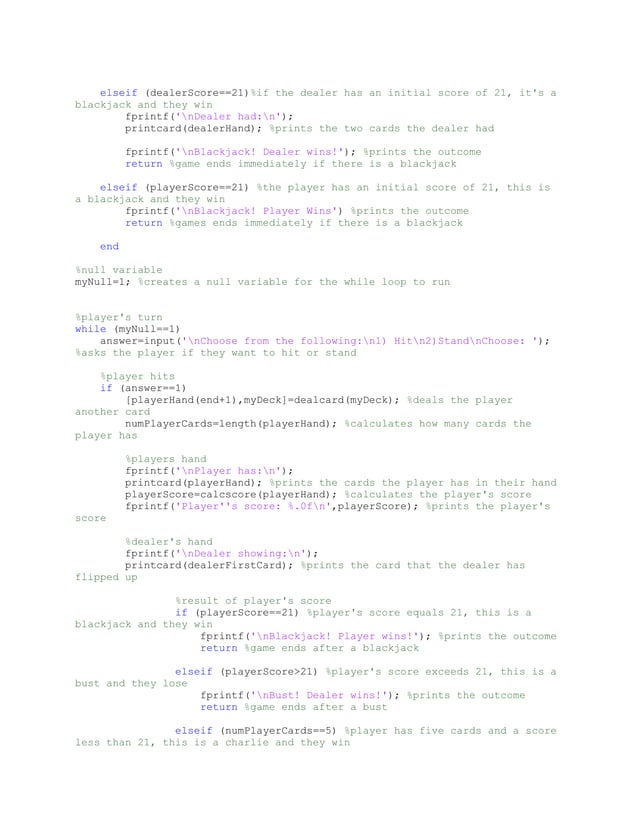 Blackjack Coded in MATLAB | PDF
