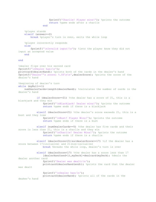 Blackjack Coded in MATLAB | PDF
