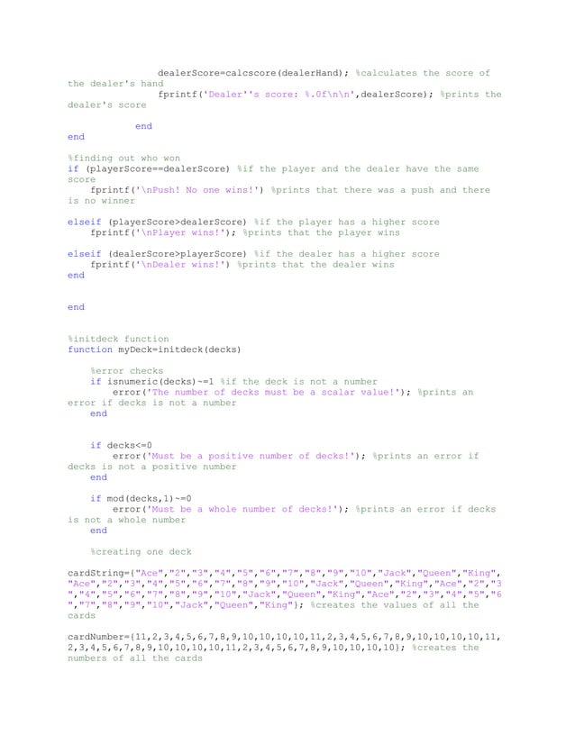 Blackjack Coded in MATLAB