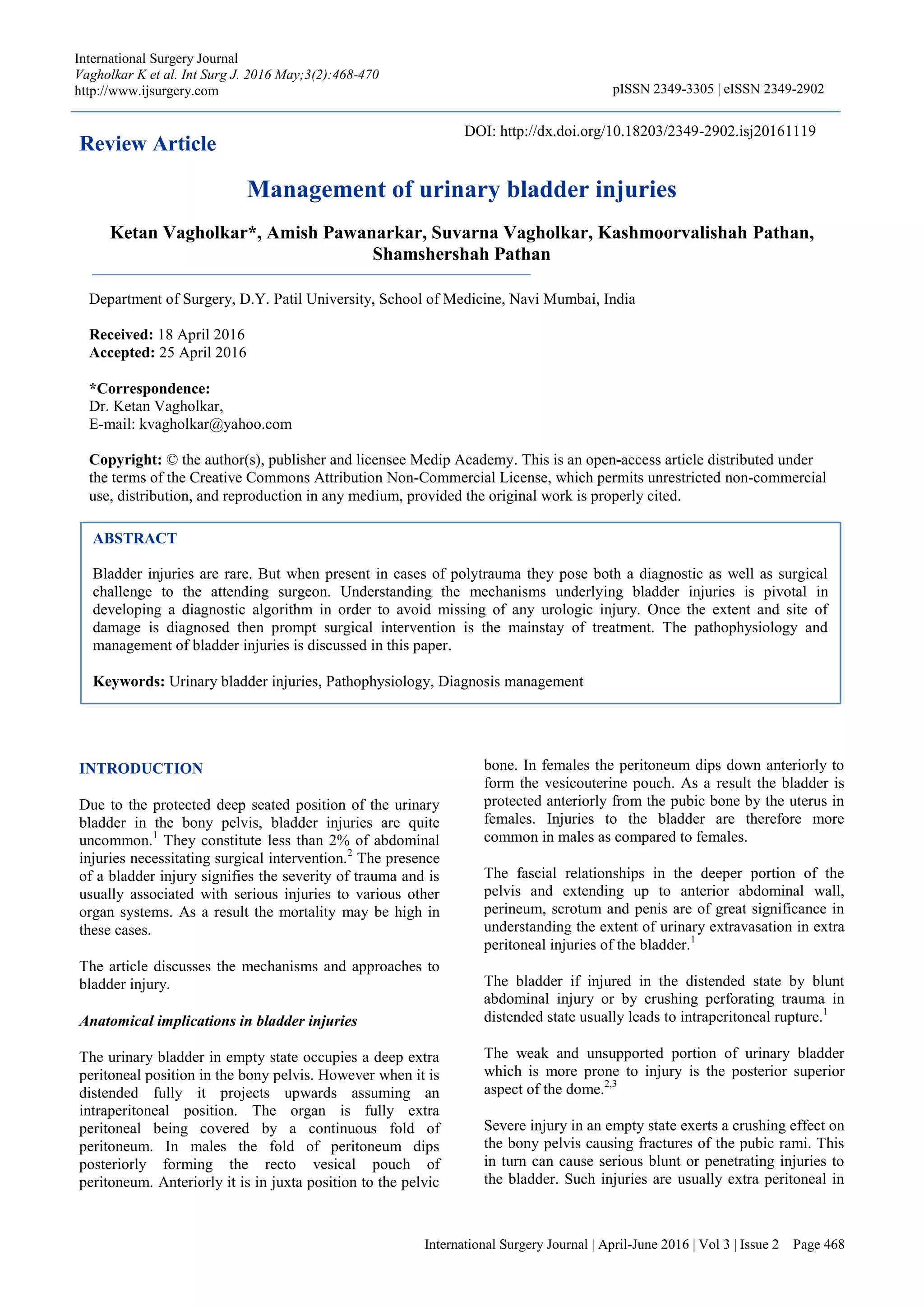 Management of urinary bladder injuries | PDF