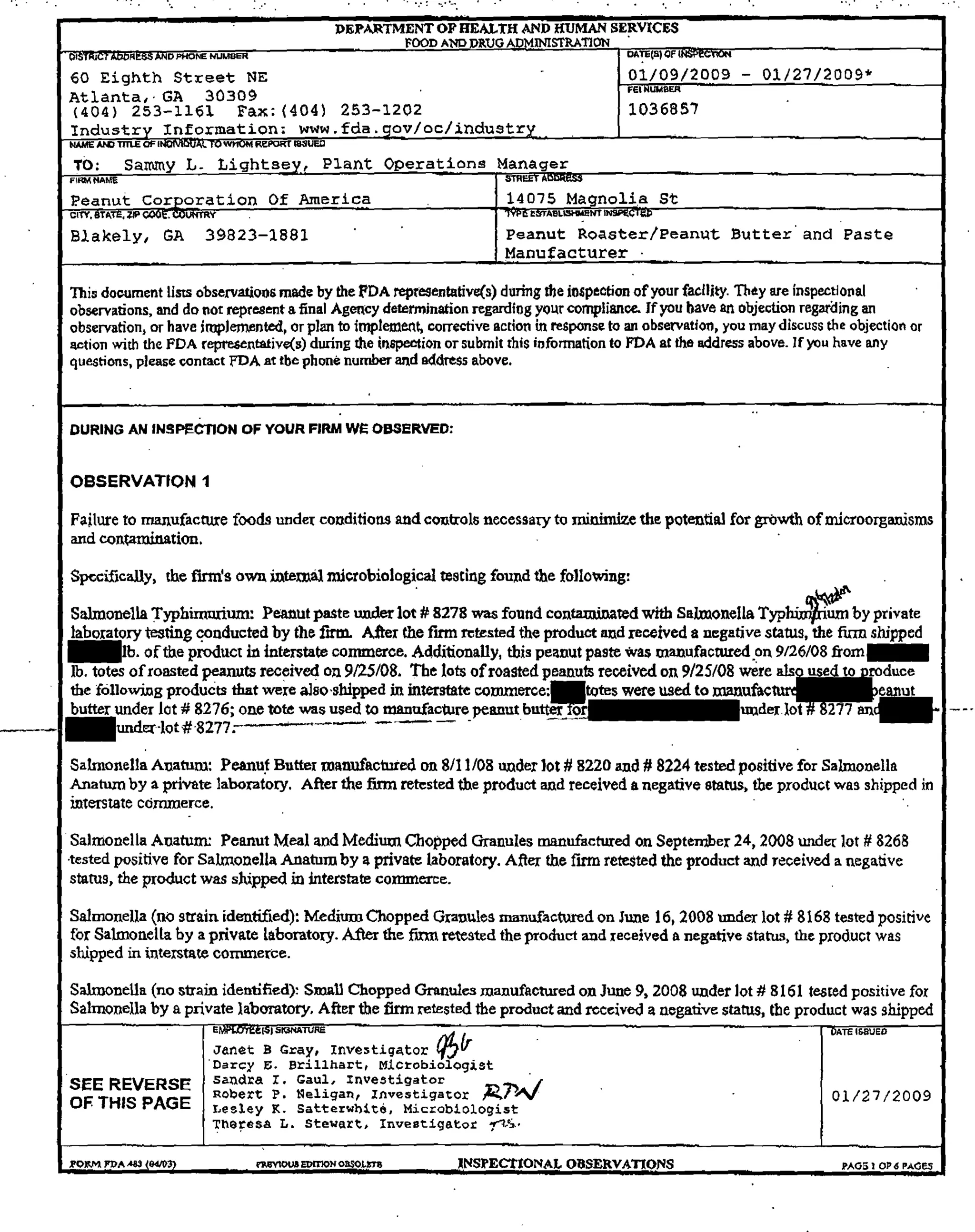 FDA Peanut Inspection Report - Blakely, GA | PDF