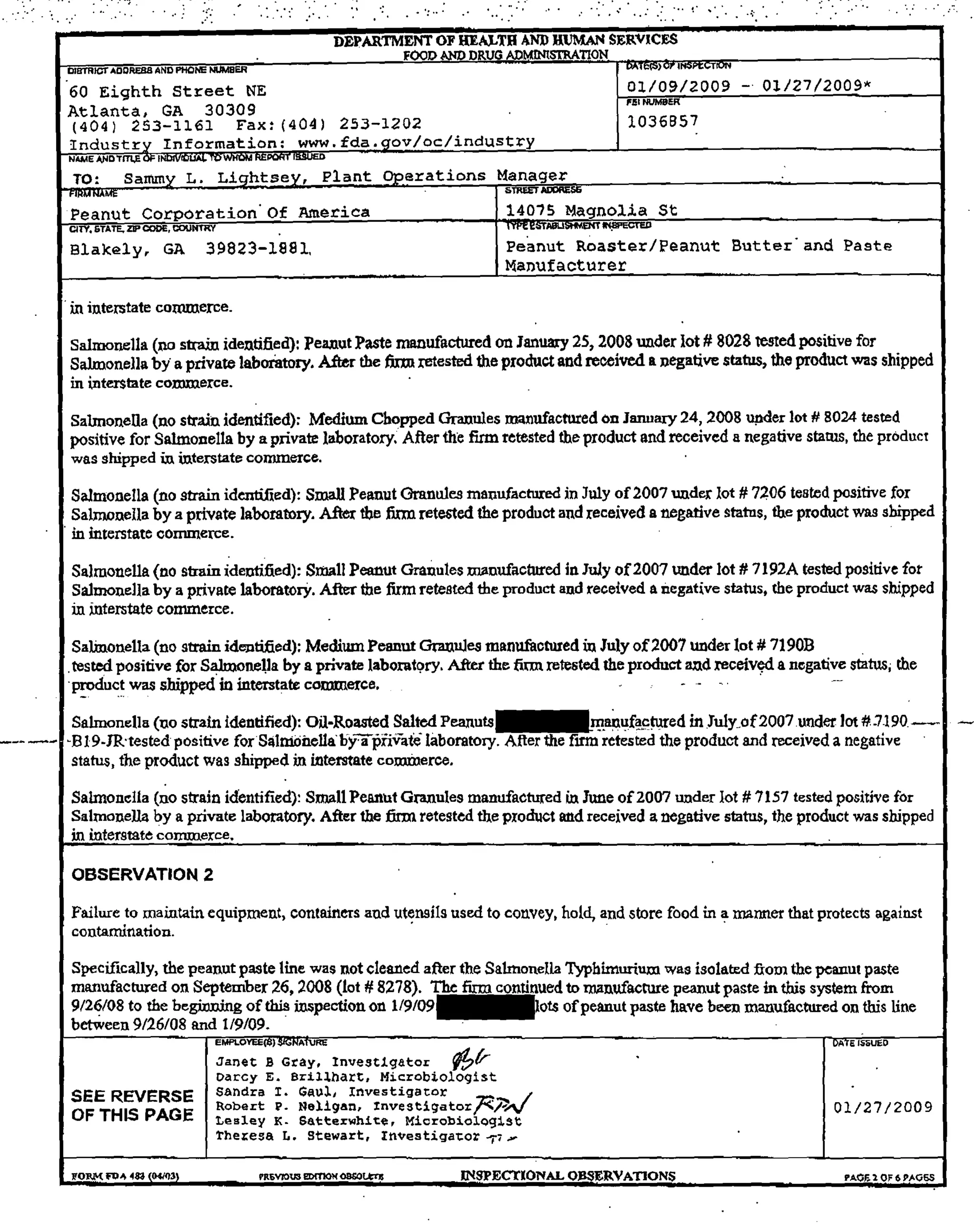 FDA Peanut Inspection Report - Blakely, GA | PDF
