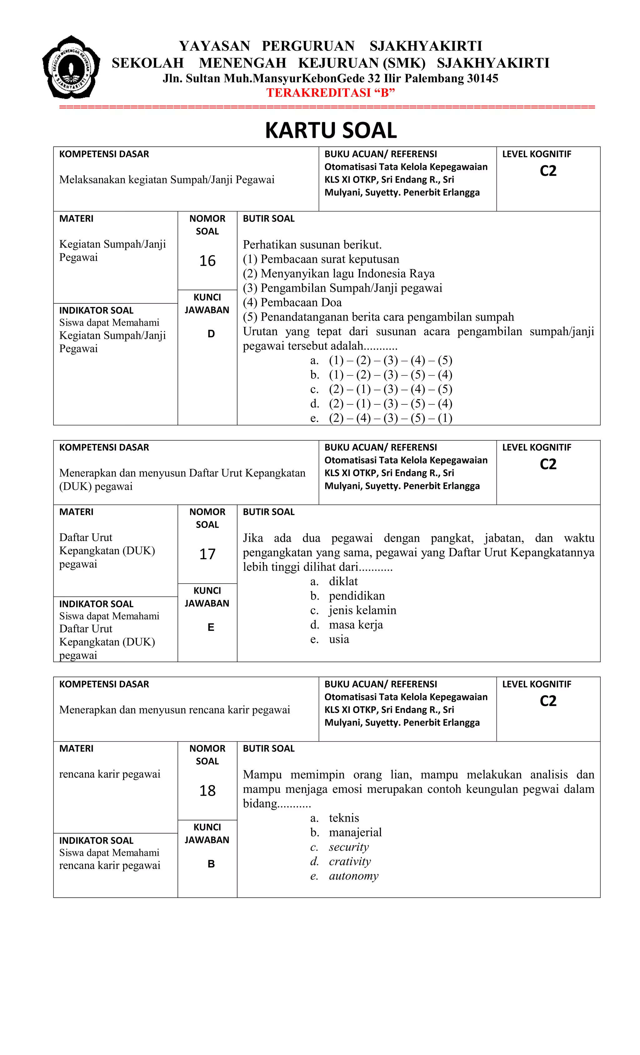 BLANGKO KARTU SOAL USP XII OTKP_OTK KEPEGAWAIAN | PDF
