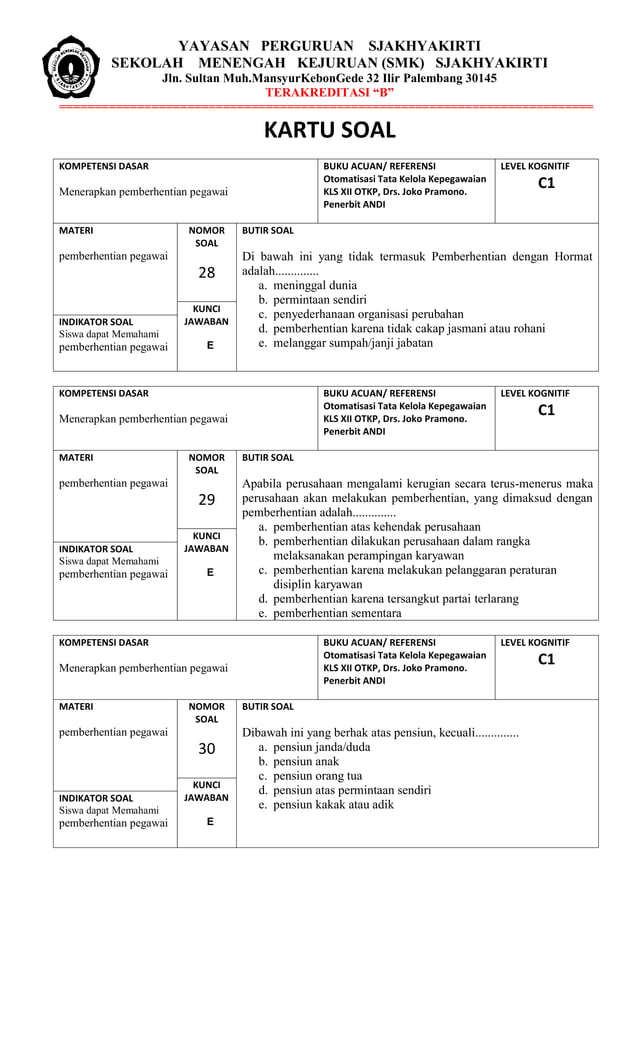 BLANGKO KARTU SOAL USP XII OTKP_OTK KEPEGAWAIAN | PDF