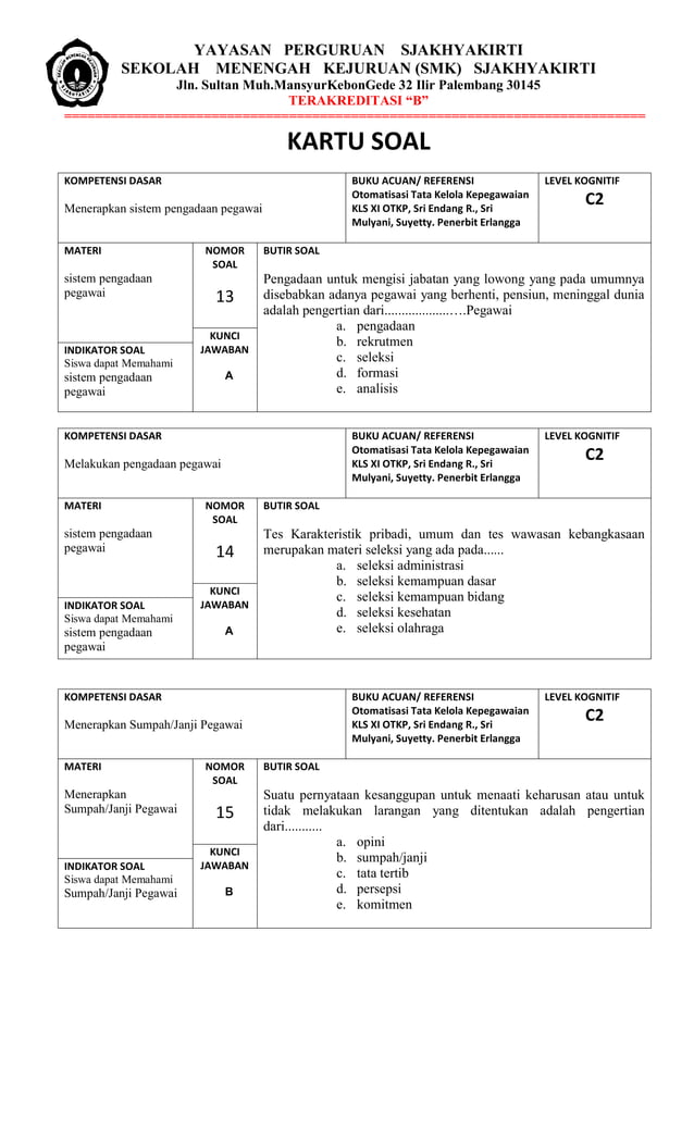 BLANGKO KARTU SOAL USP XII OTKP_OTK KEPEGAWAIAN | PDF
