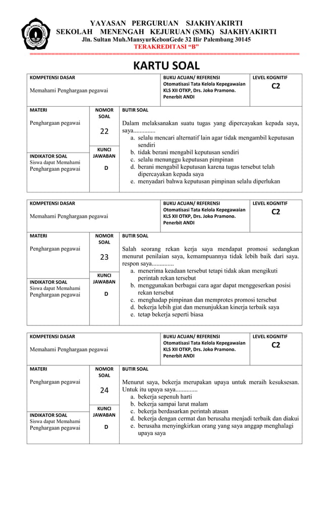 BLANGKO KARTU SOAL USP XII OTKP_OTK KEPEGAWAIAN | PDF