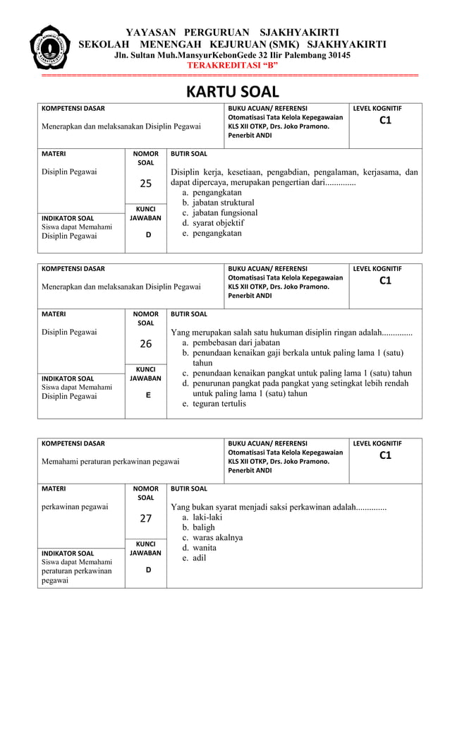 BLANGKO KARTU SOAL USP XII OTKP_OTK KEPEGAWAIAN | PDF