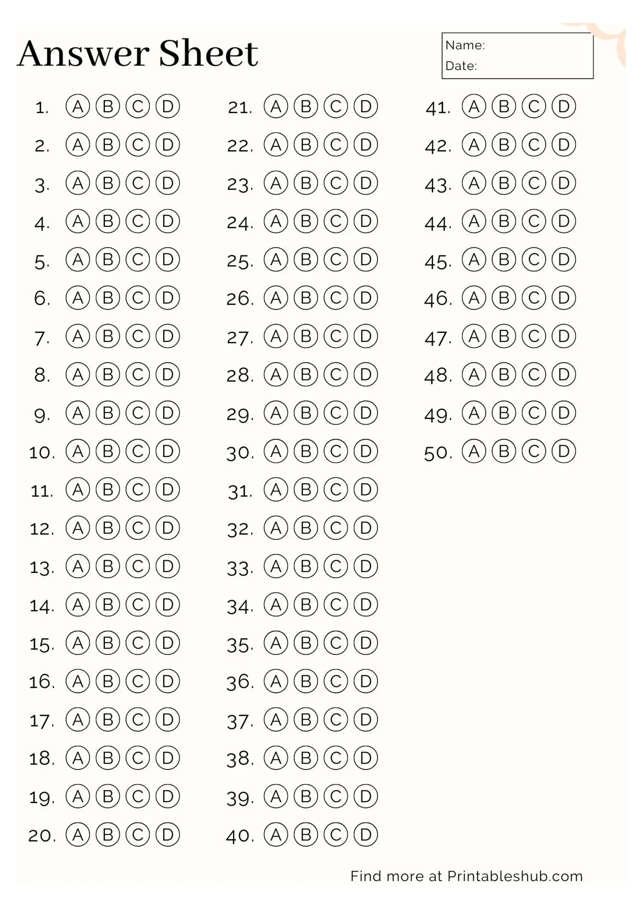 Blank Answer Sheets Multiple Choice Quarterly | PDF