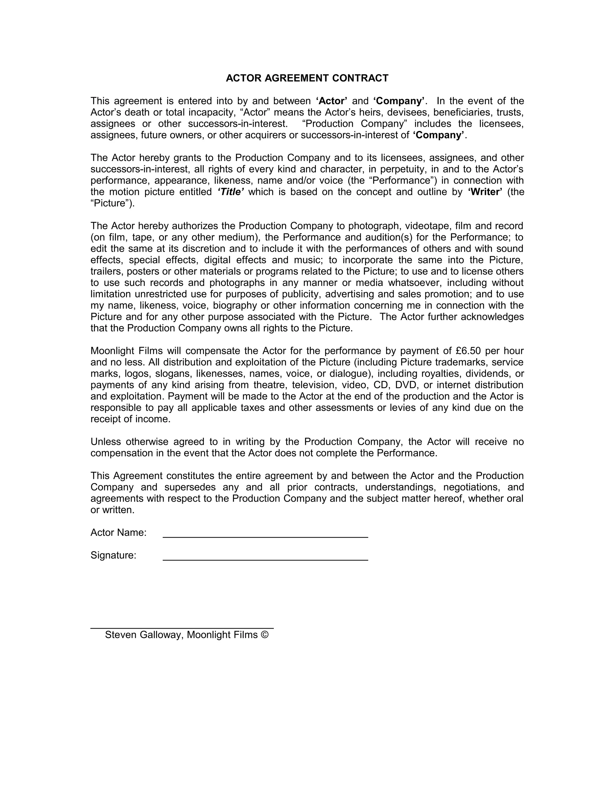 'Blank' actor contract | DOC | Video Production | Content Production