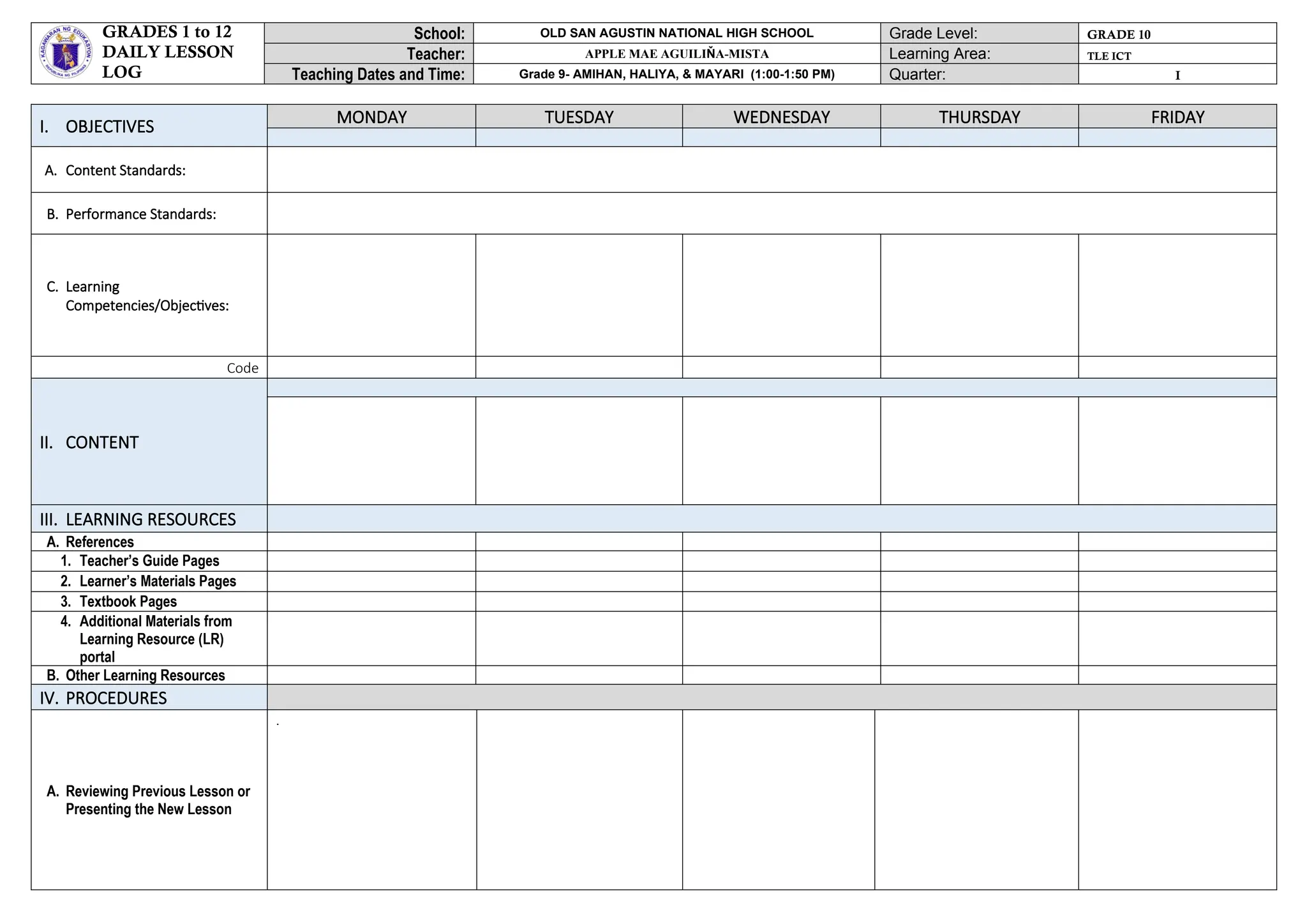 Blank Daily lesson plan for Information Communication Tech | DOCX