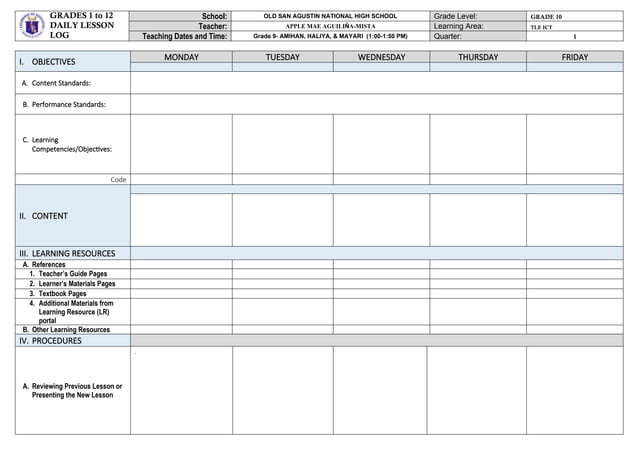 Blank Daily lesson plan for Information Communication Tech | DOCX