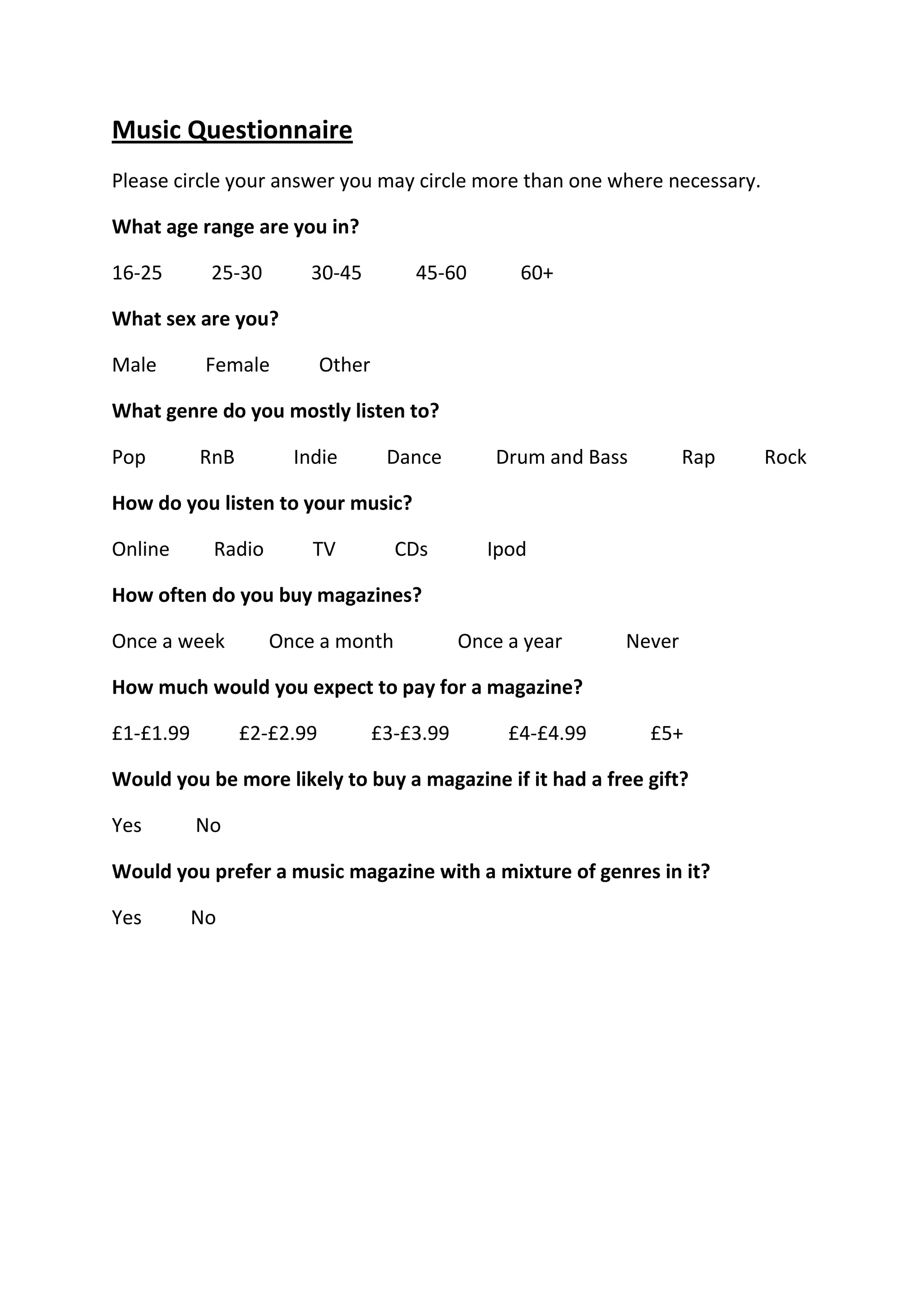 Blank music questionnaire | DOCX