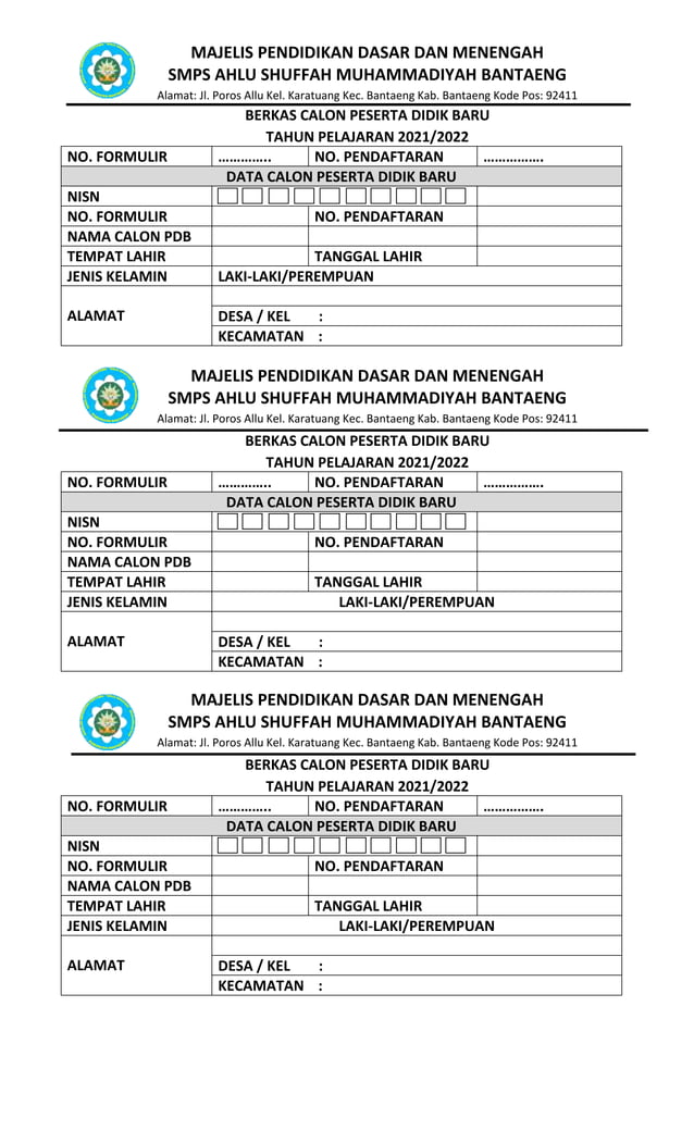Blanko formulir PSB pada siswa smp ahlu shuffah muhammadiyah karatuang ...