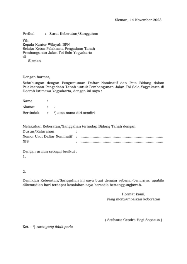 Contoh Surat Pembuatan Blanko Sanggahan Tanah | DOCX