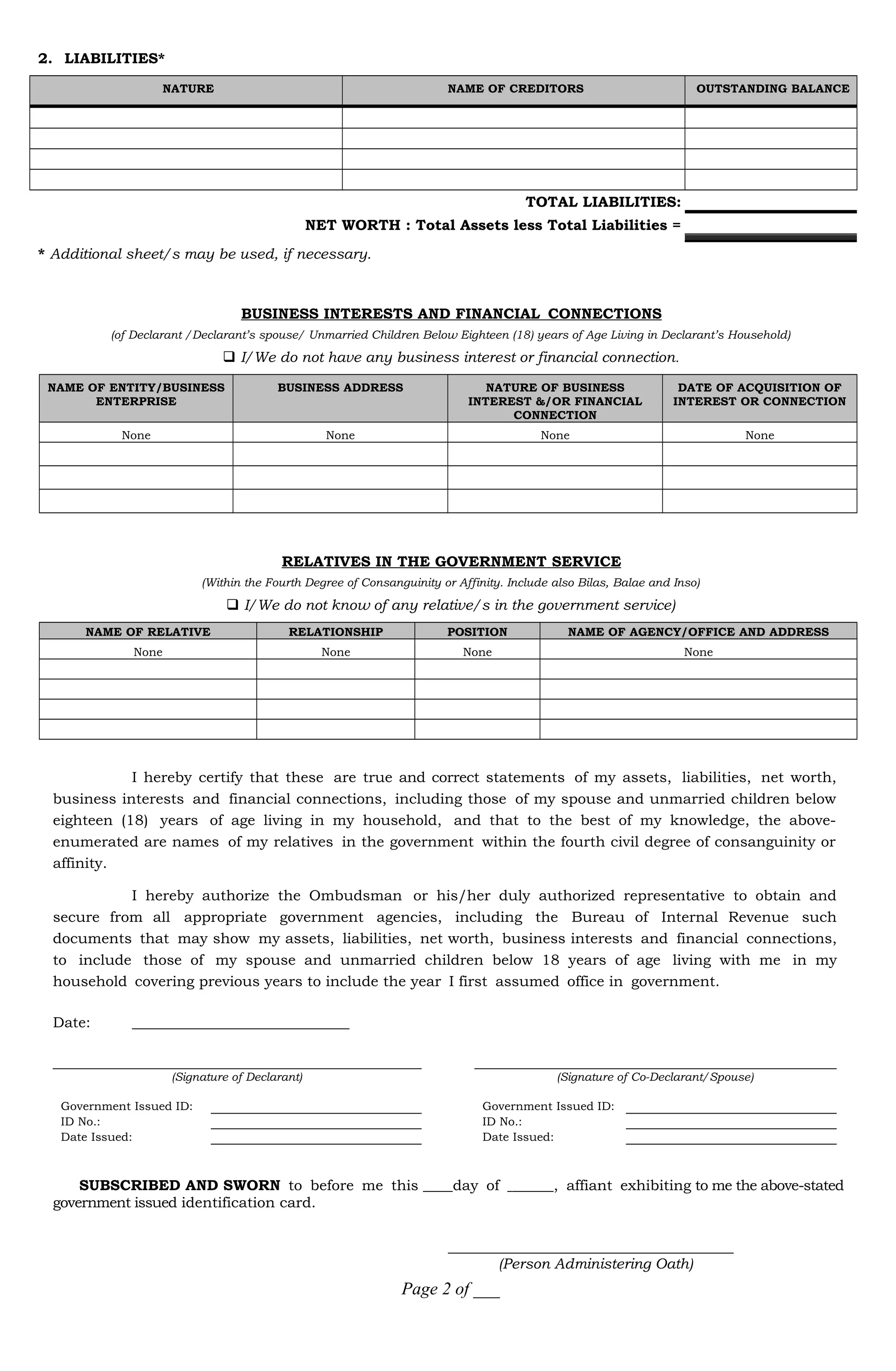 BIR Blank SALN | DOC | Business | Business and Finance