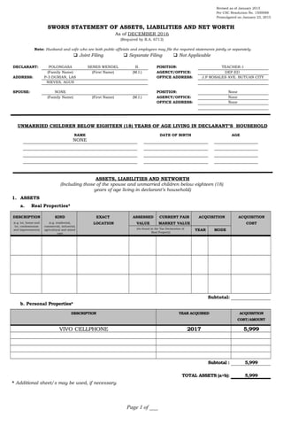 BIR Blank SALN | DOC | Business | Business and Finance