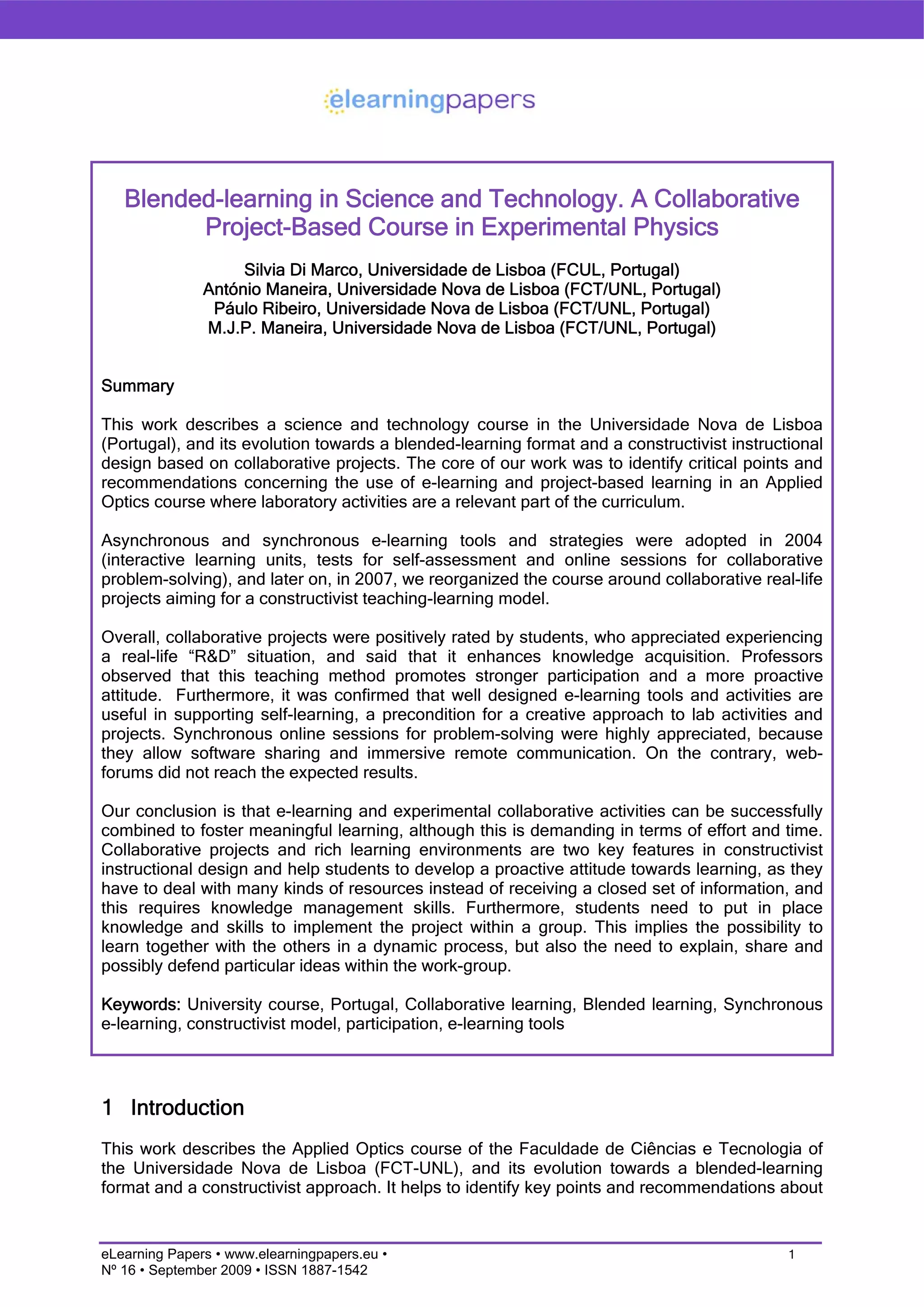 Blended-learning in Science and Technology. A Collaborative Project ...