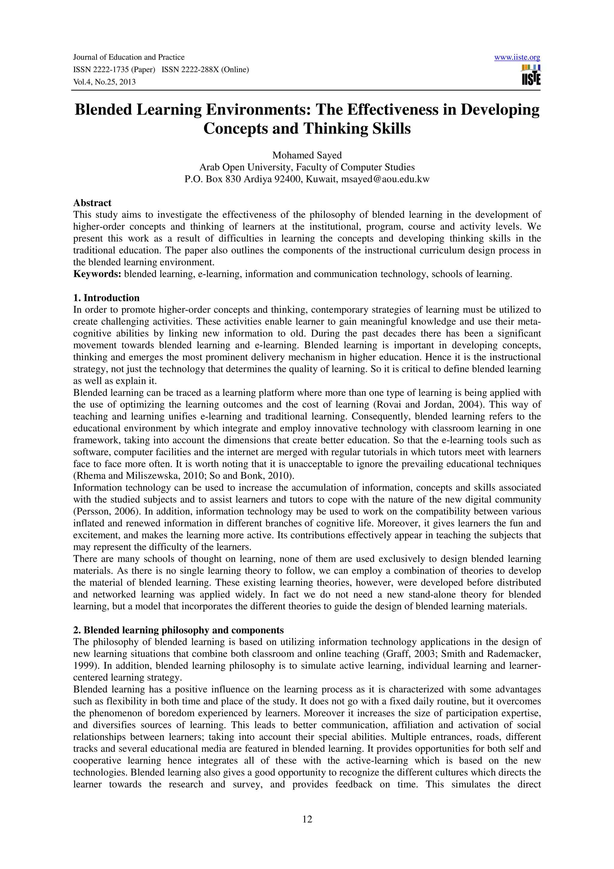 Blended learning environments the effectiveness in developing concepts and thinking skills | PDF ...