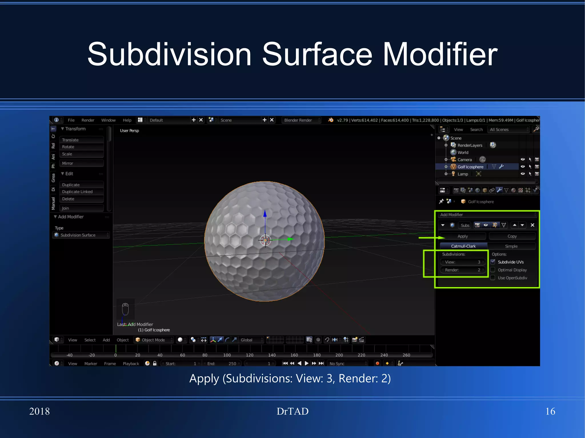 DrTAD Blender software. Example 4a. Modeling based on spherical primitives (3D Golf ball ...