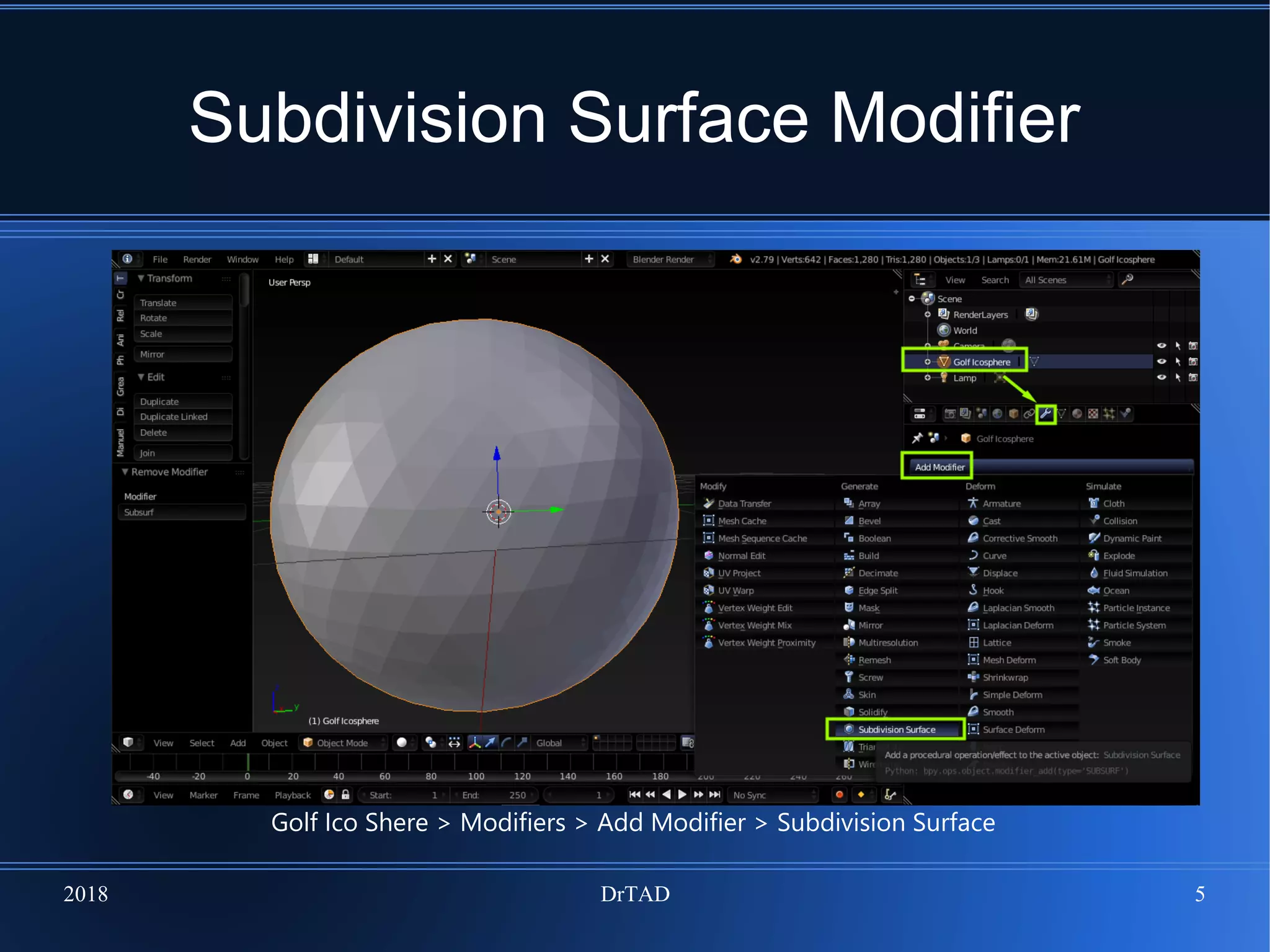 DrTAD Blender software. Example 4a. Modeling based on spherical primitives (3D Golf ball ...